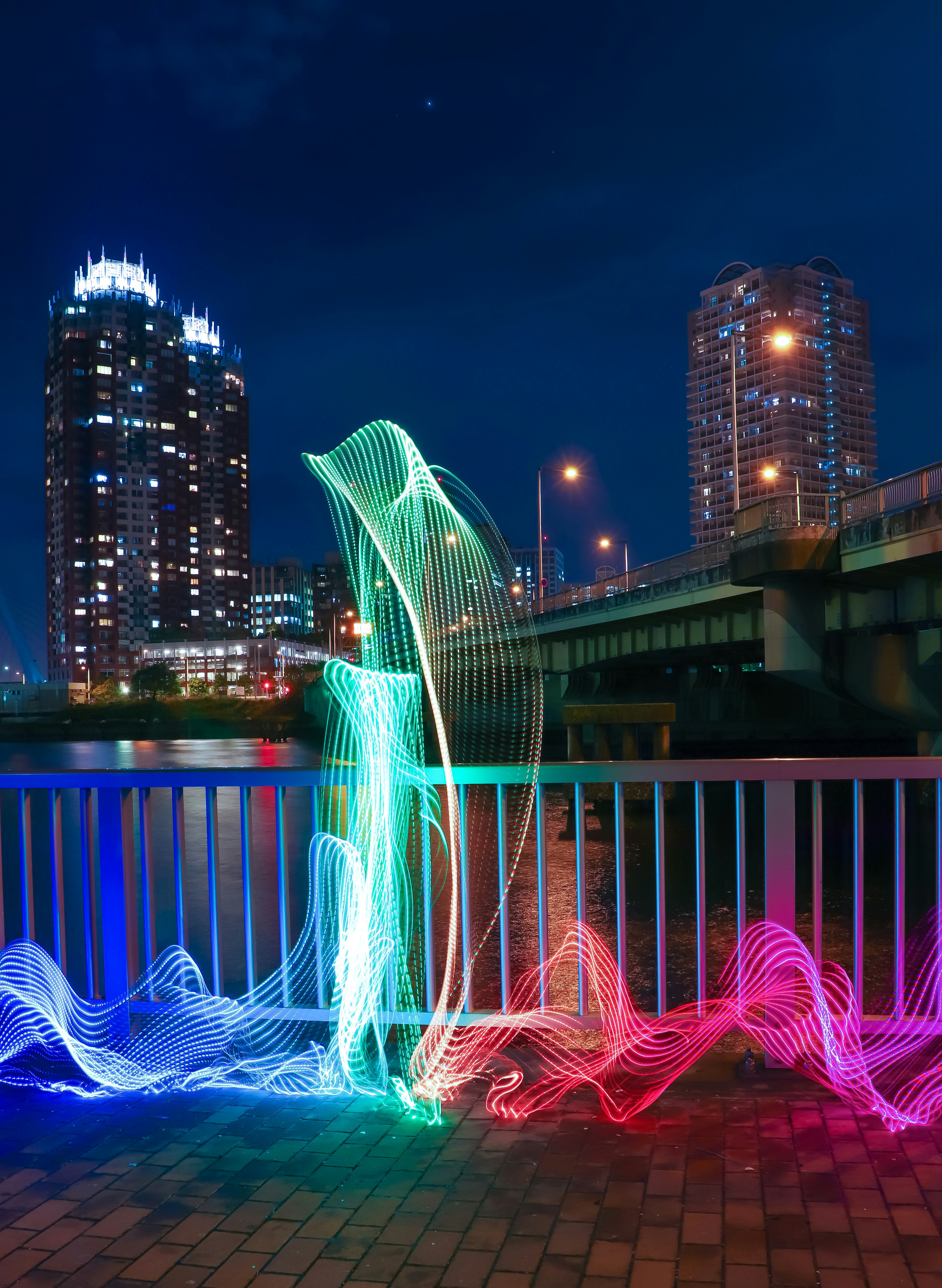 Neon Ribbon Duet: Light Trails Weave Across a Riverfront Night