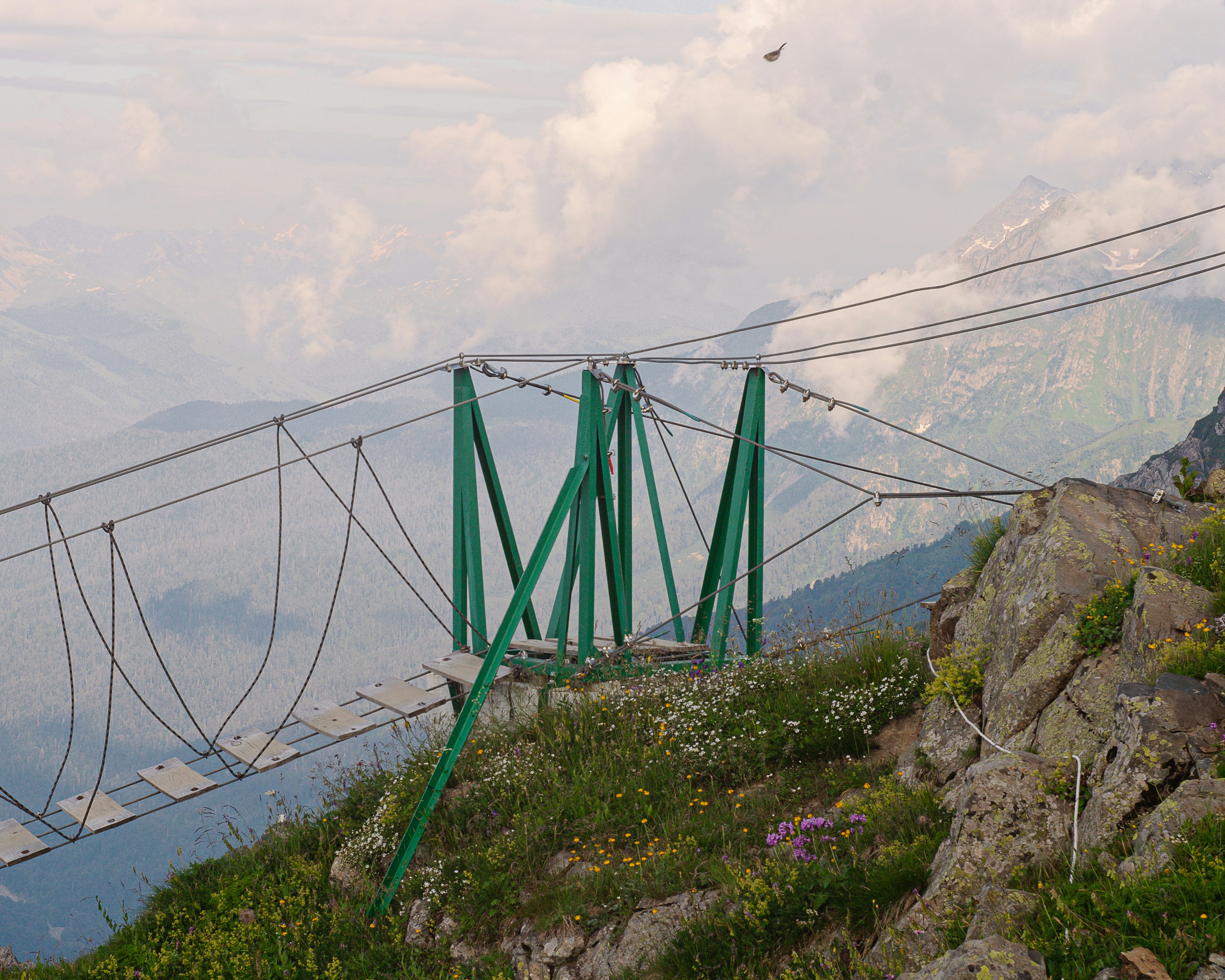 A green suspension bridge spans a rocky terrain, surrounded by vibrant wildflowers and distant mountains under a cloudy sky.