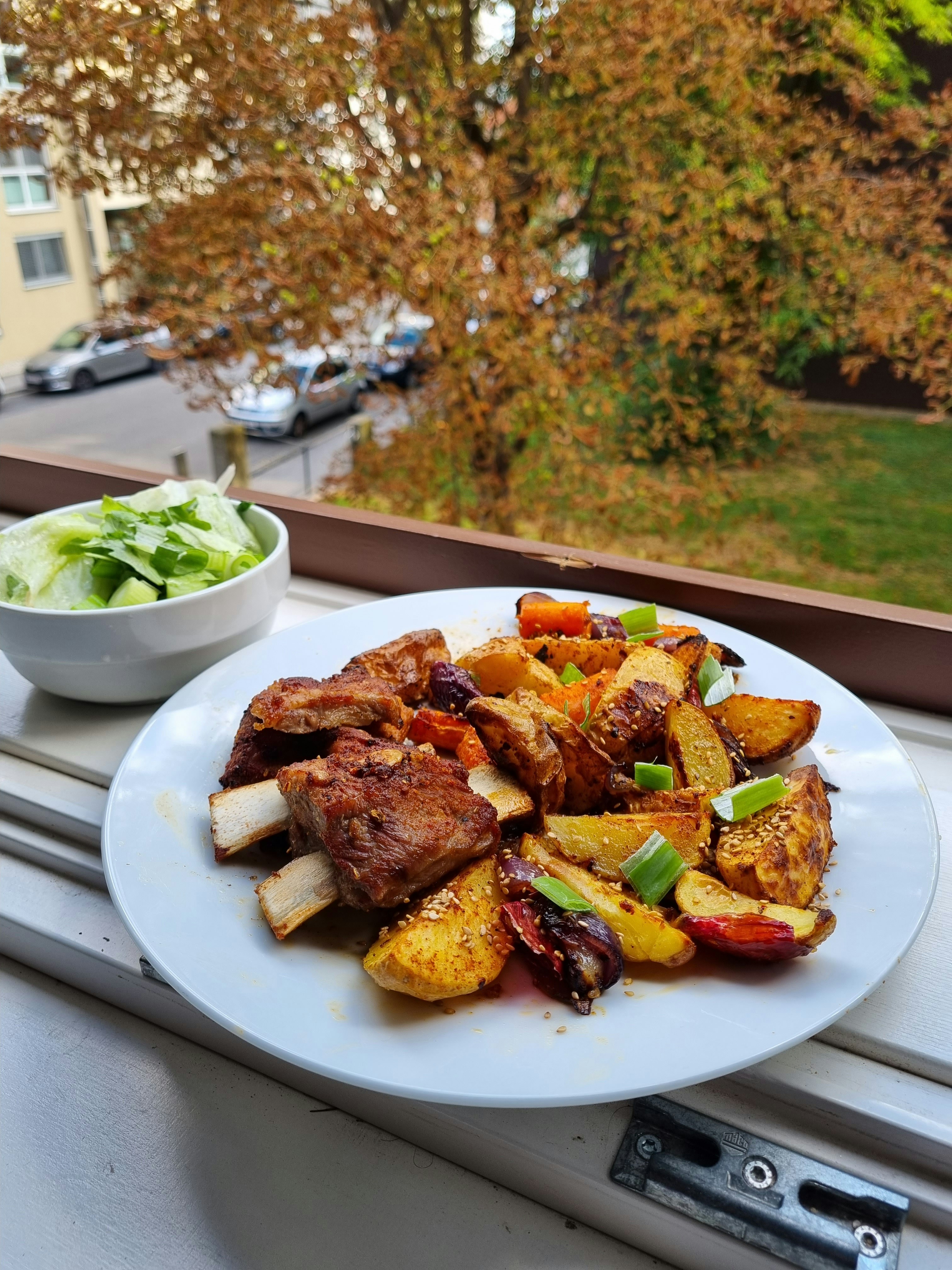 Balcony Harvest: Charred Ribs and Crispy Potatoes Under Autumn Light