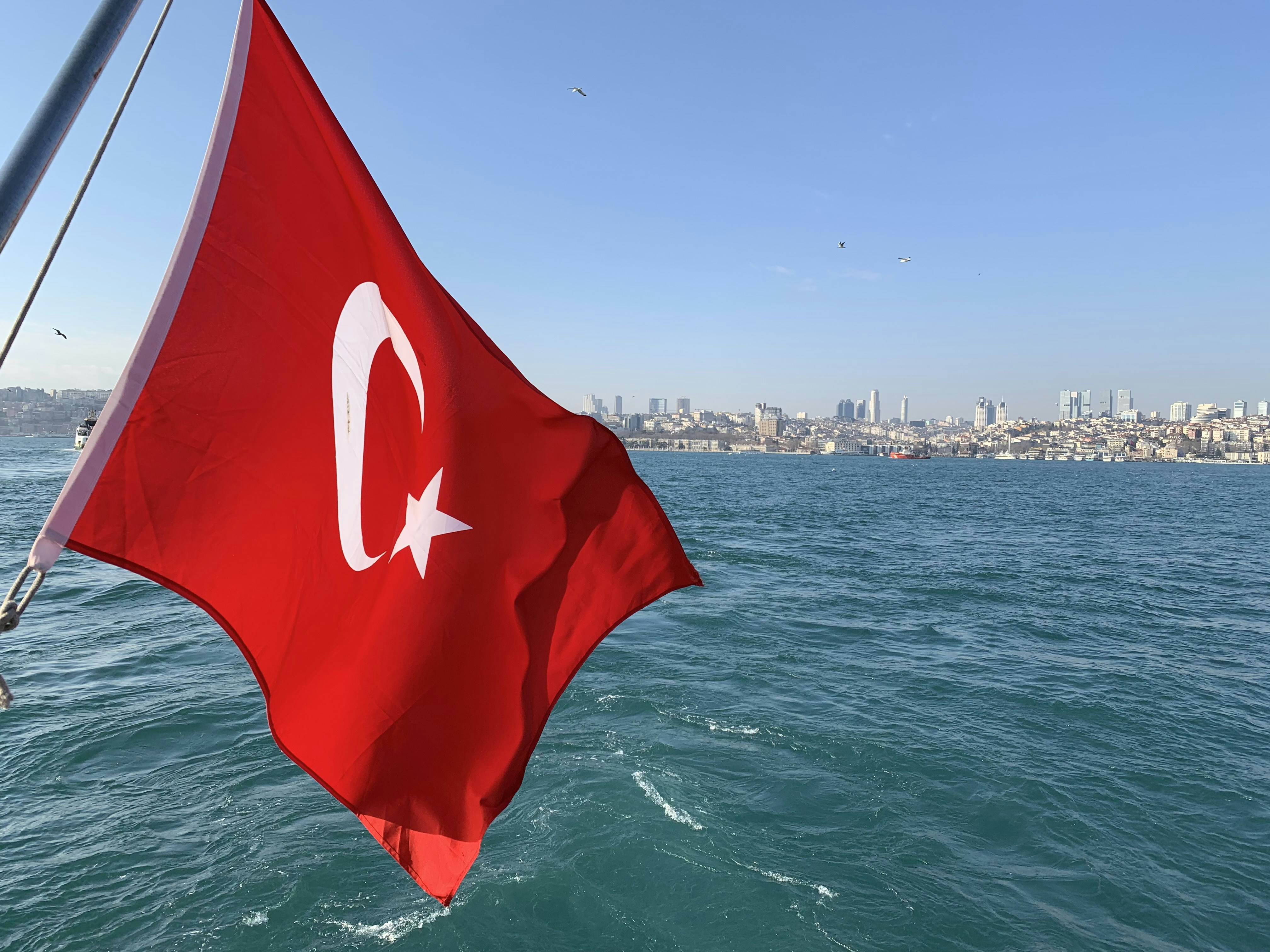 A flag on a boat in the water with a city in the background photo ...