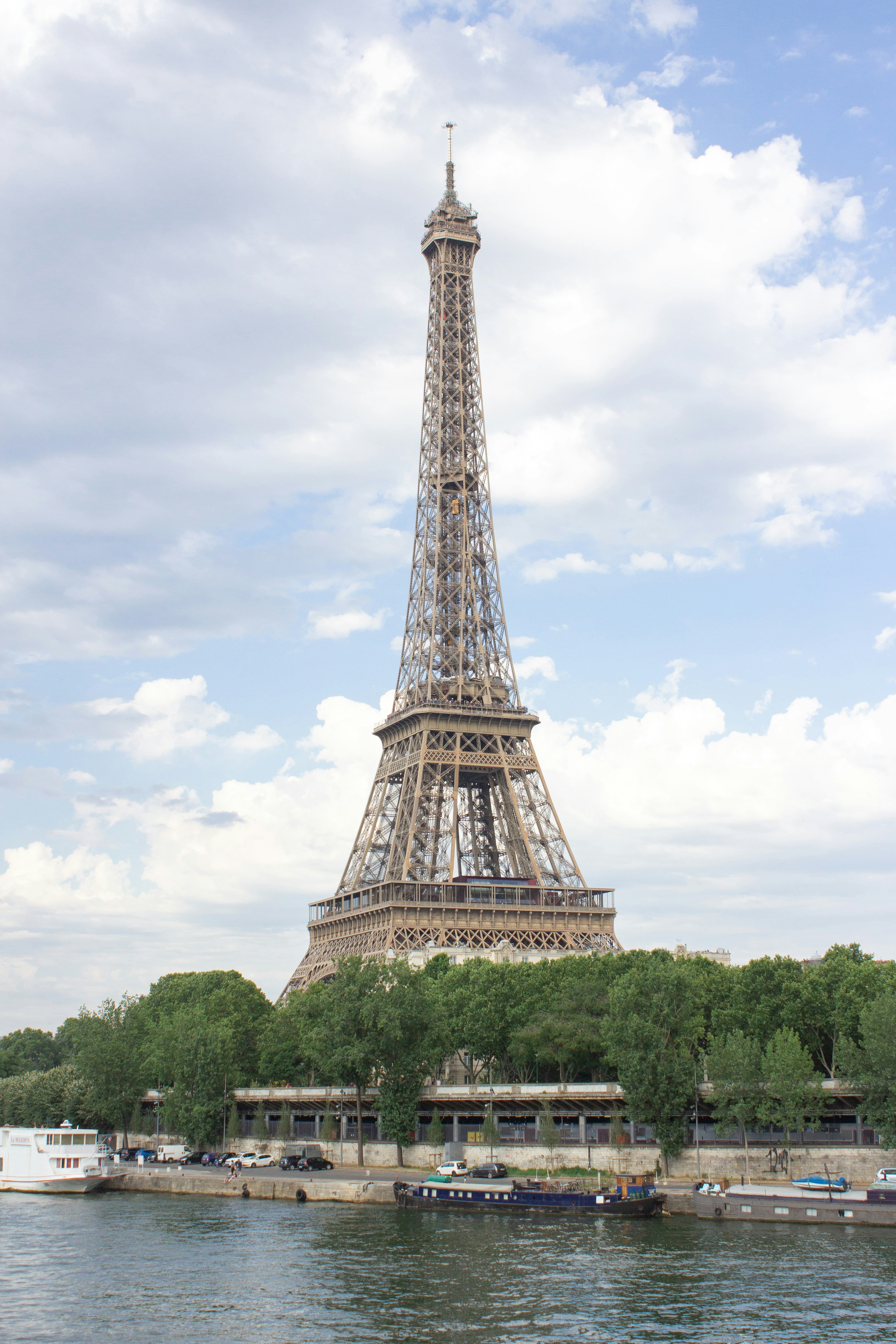 Eiffel Tower towering over the Seine River, framed by lush greenery and a cloudy sky.