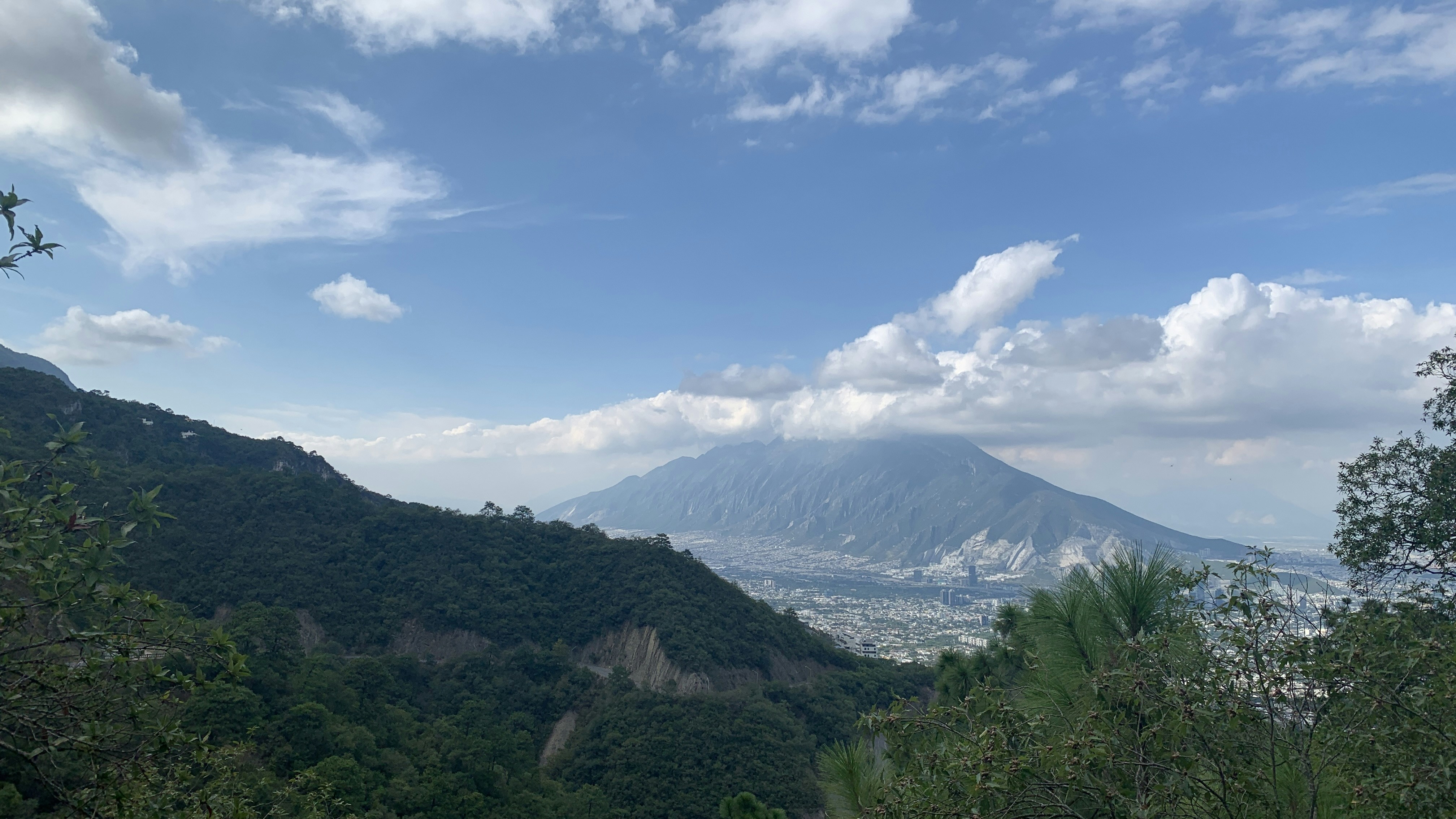 Expansive view of a distant volcano framed by lush greenery and a vibrant blue sky with scattered clouds.