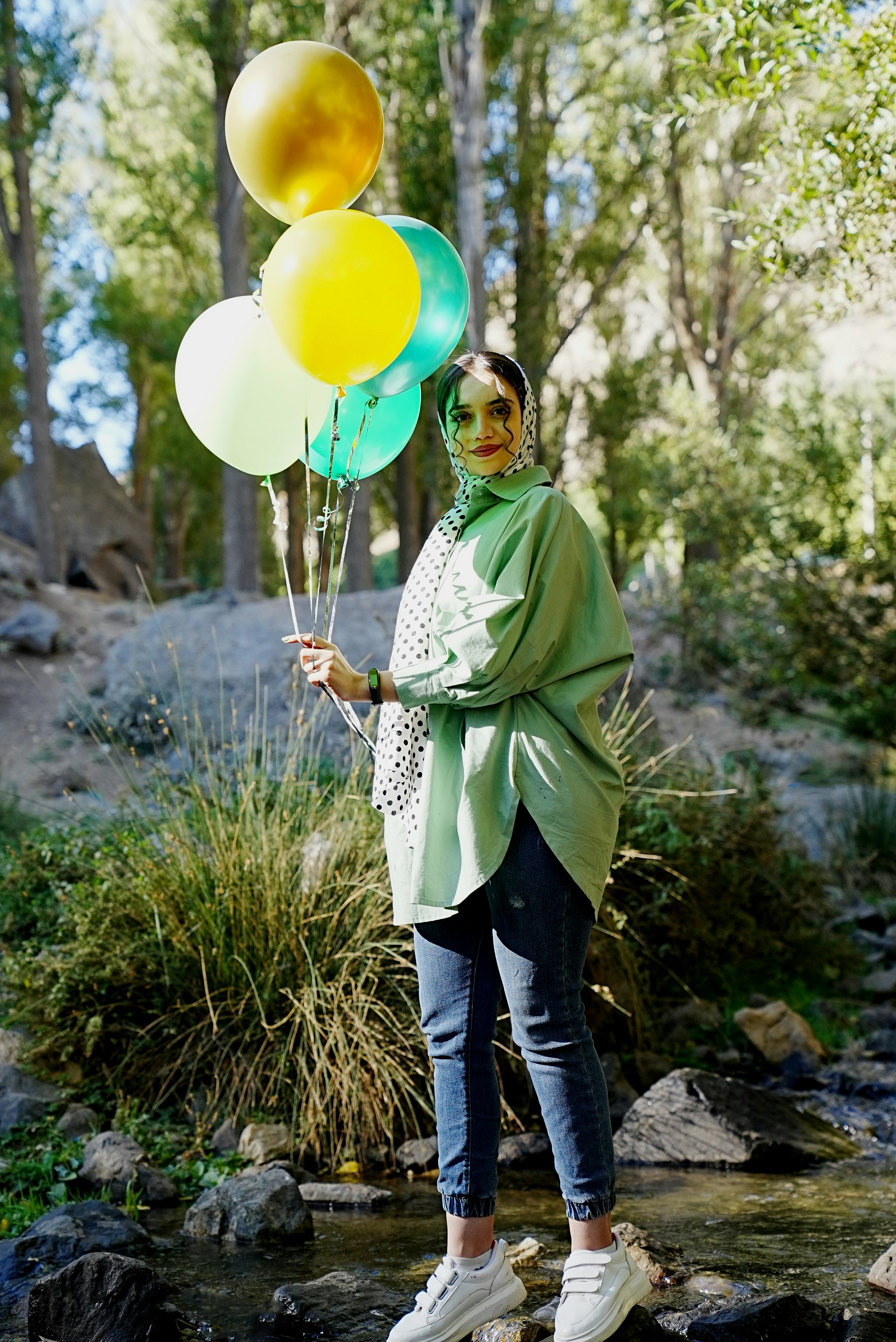 Balloon Bouquet in a Sunlit Forest Escape