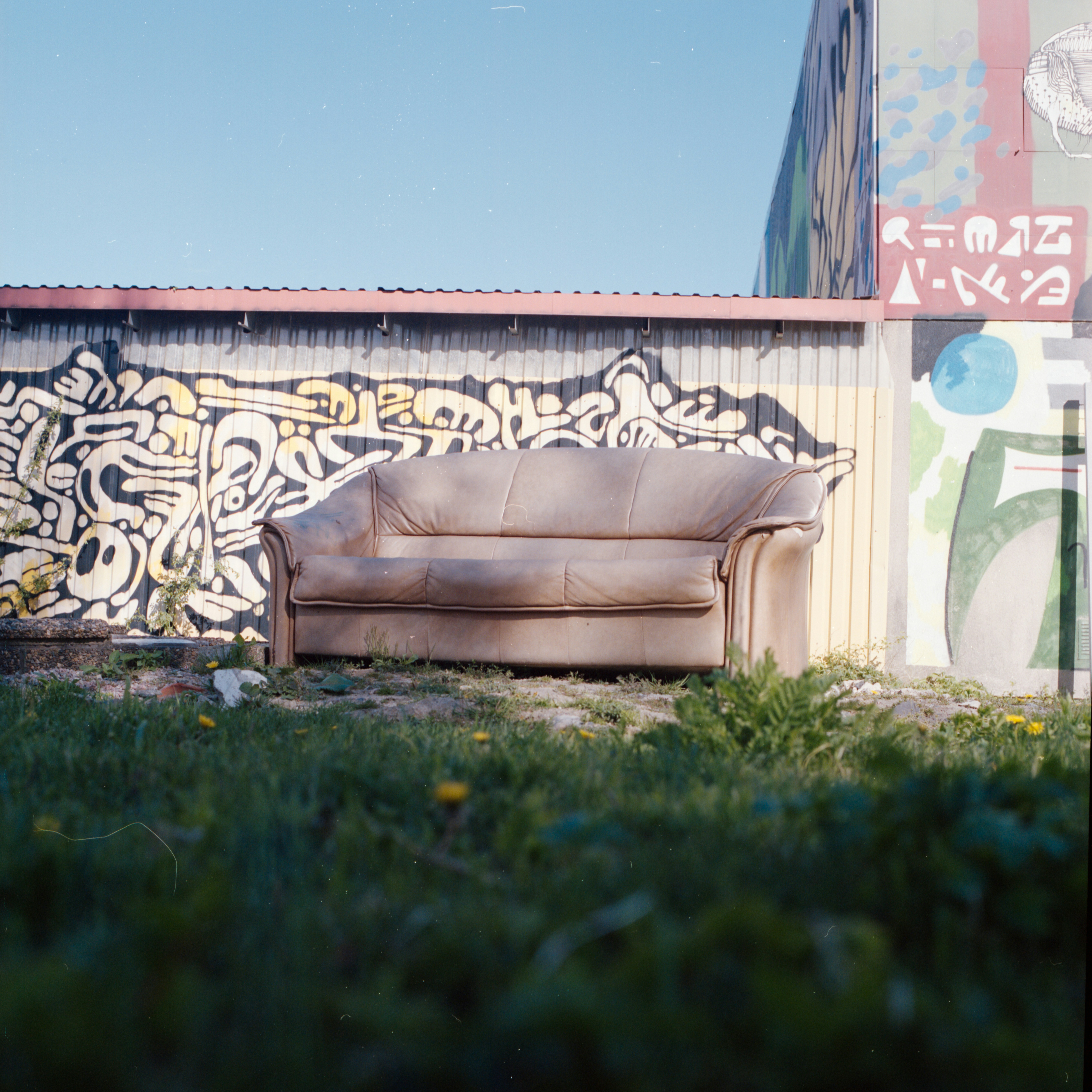 Sunlit Rest in a Graffiti Alley: A Brown Couch Anchors Urban Color