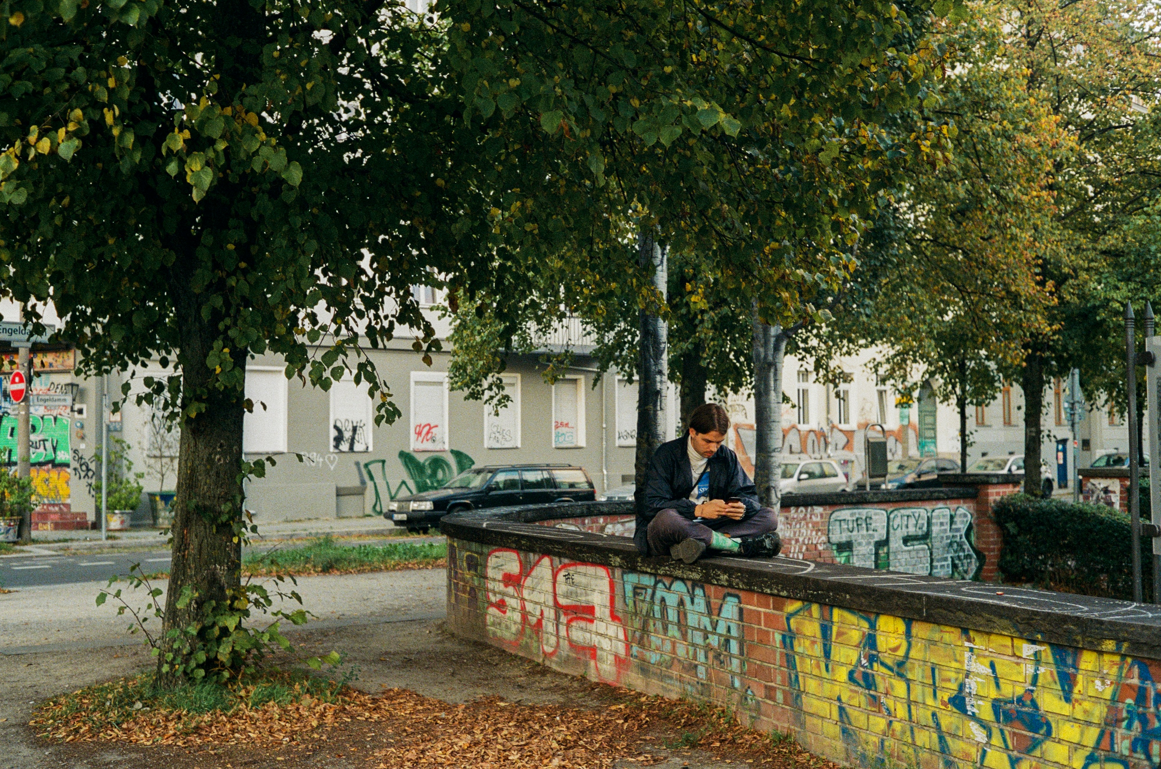 A young man sits on a graffiti-adorned wall, absorbed in his phone amid a vibrant urban landscape. The scene captures the juxtaposition of nature and street art.