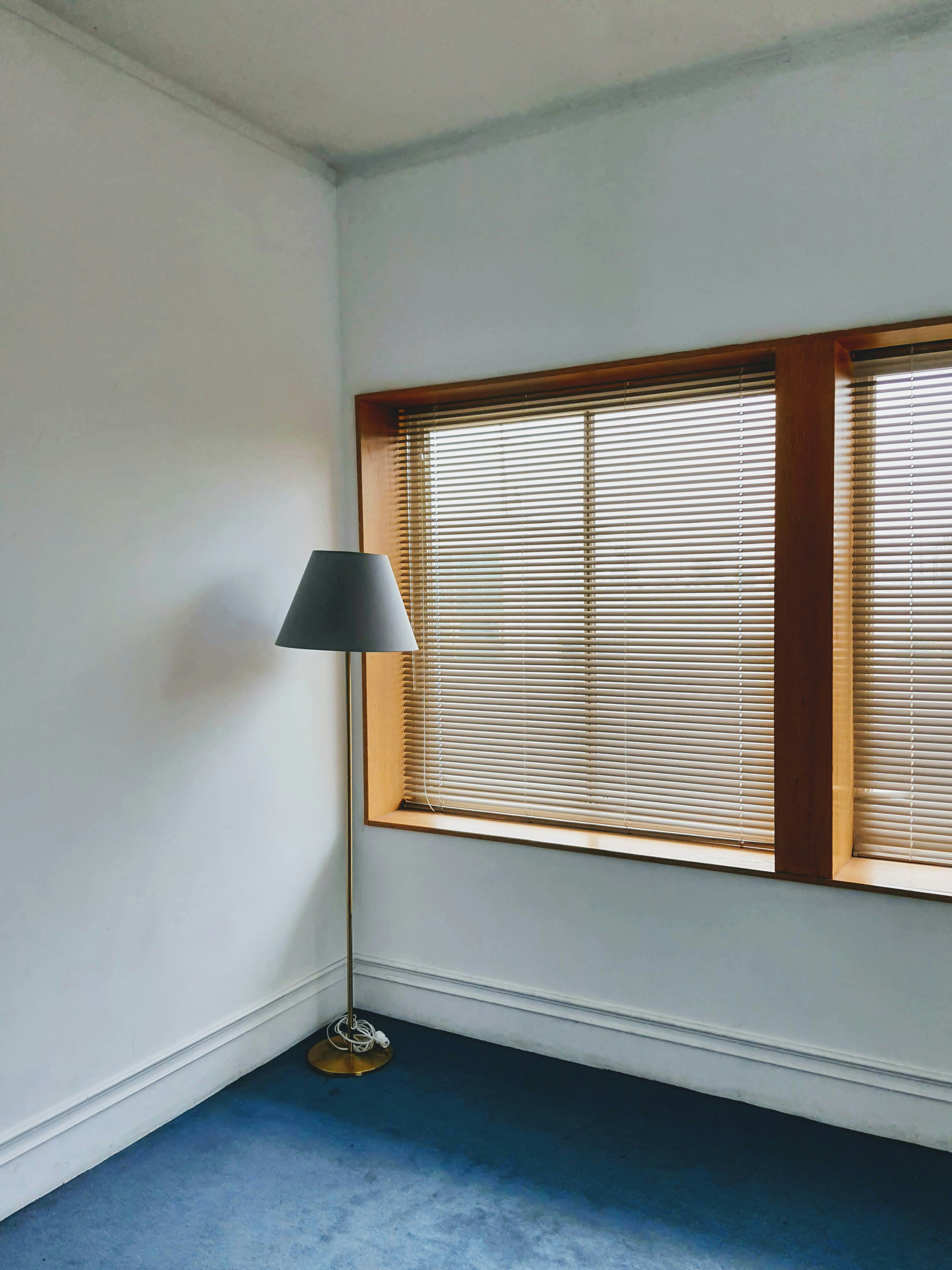 Minimalist interior featuring a sleek floor lamp beside a large window with wooden blinds, casting soft shadows on a blue carpet.