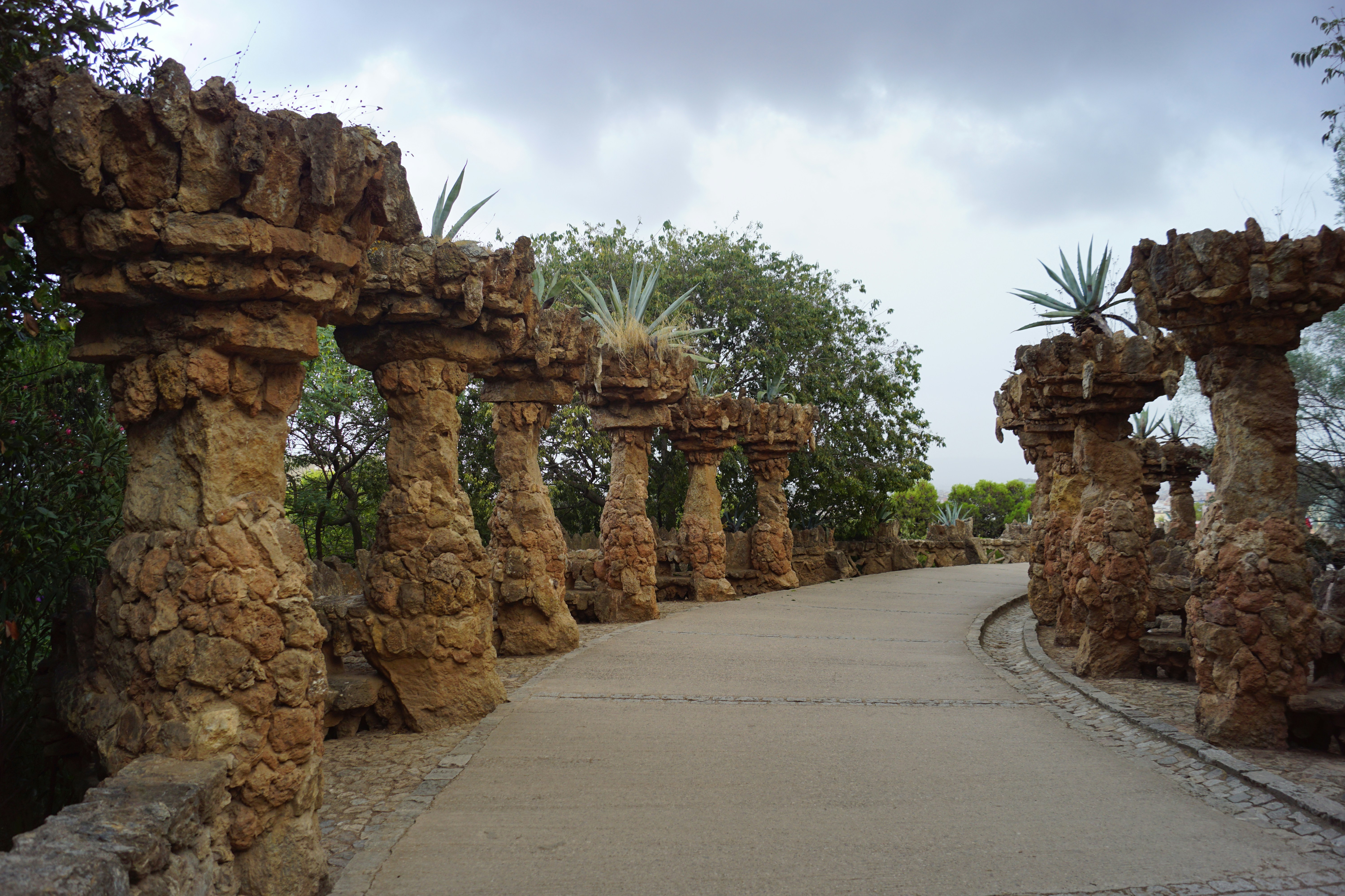 A stone walkway surrounded by trees and rocks photo – Free Park güell ...
