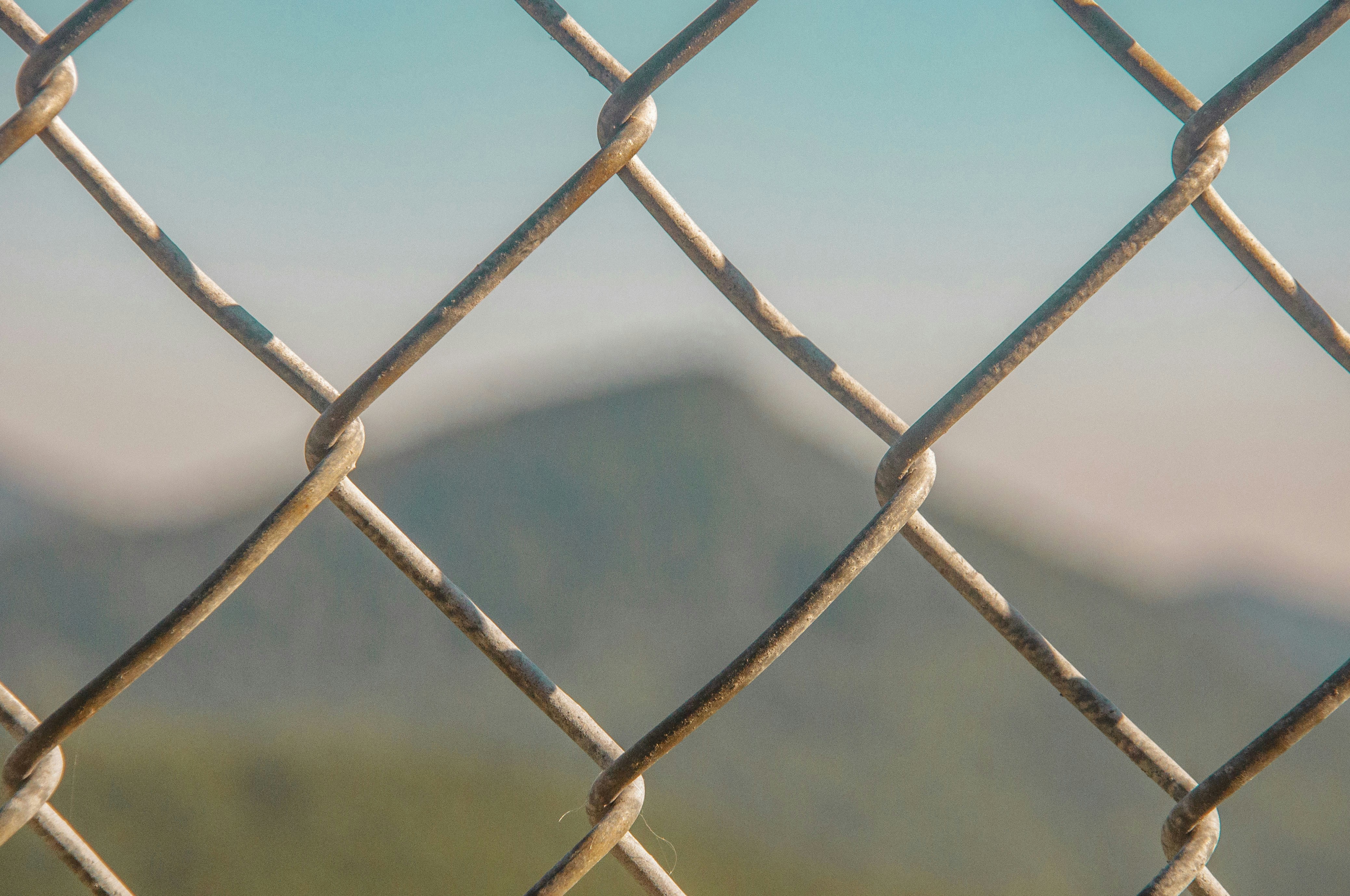 Through the Mesh: Quiet Ridge Framed by Rusted Wires