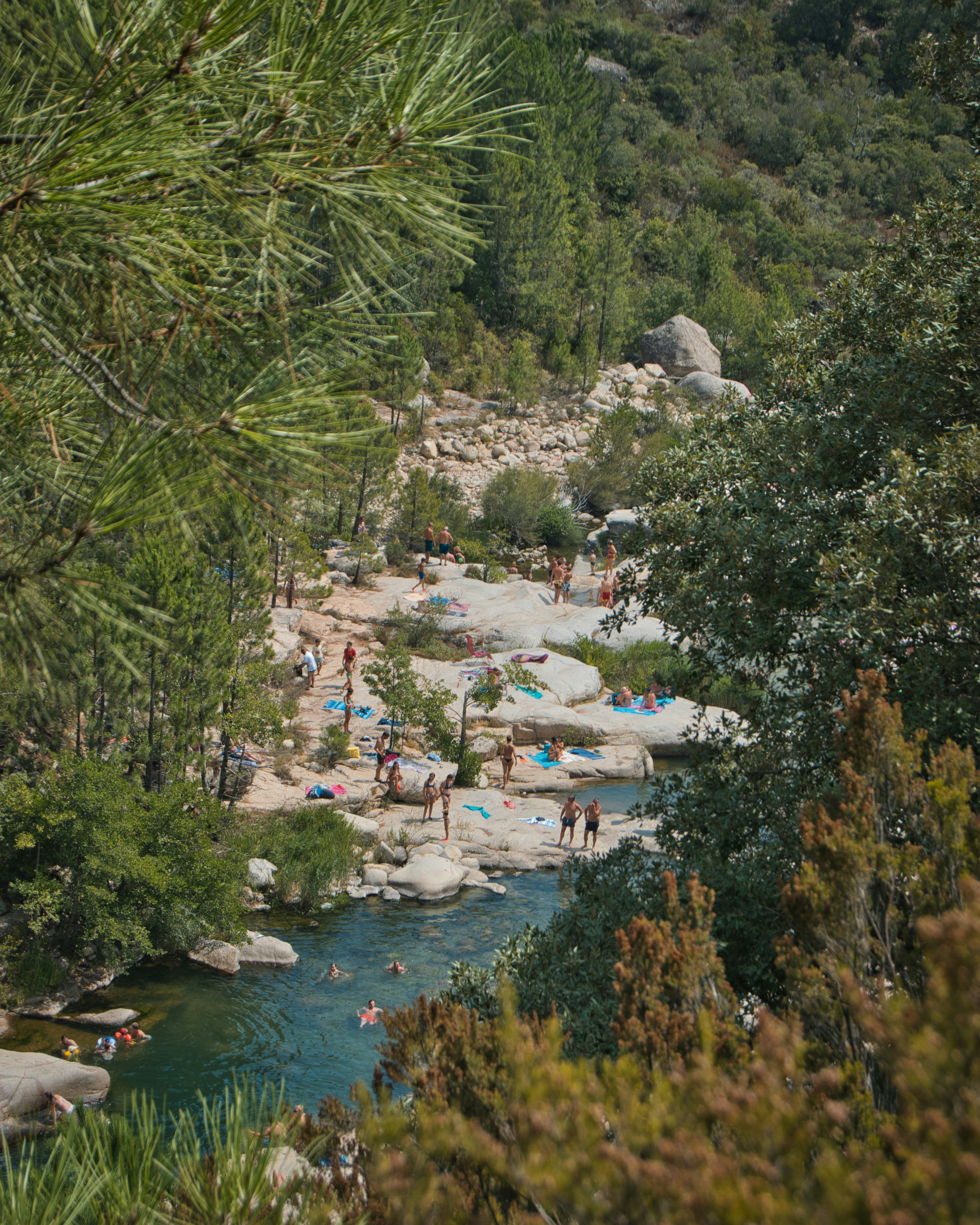 A vibrant scene of people enjoying a sunny day by a river, surrounded by lush greenery and smooth rocks. Colorful towels dot the landscape as individuals relax and swim.