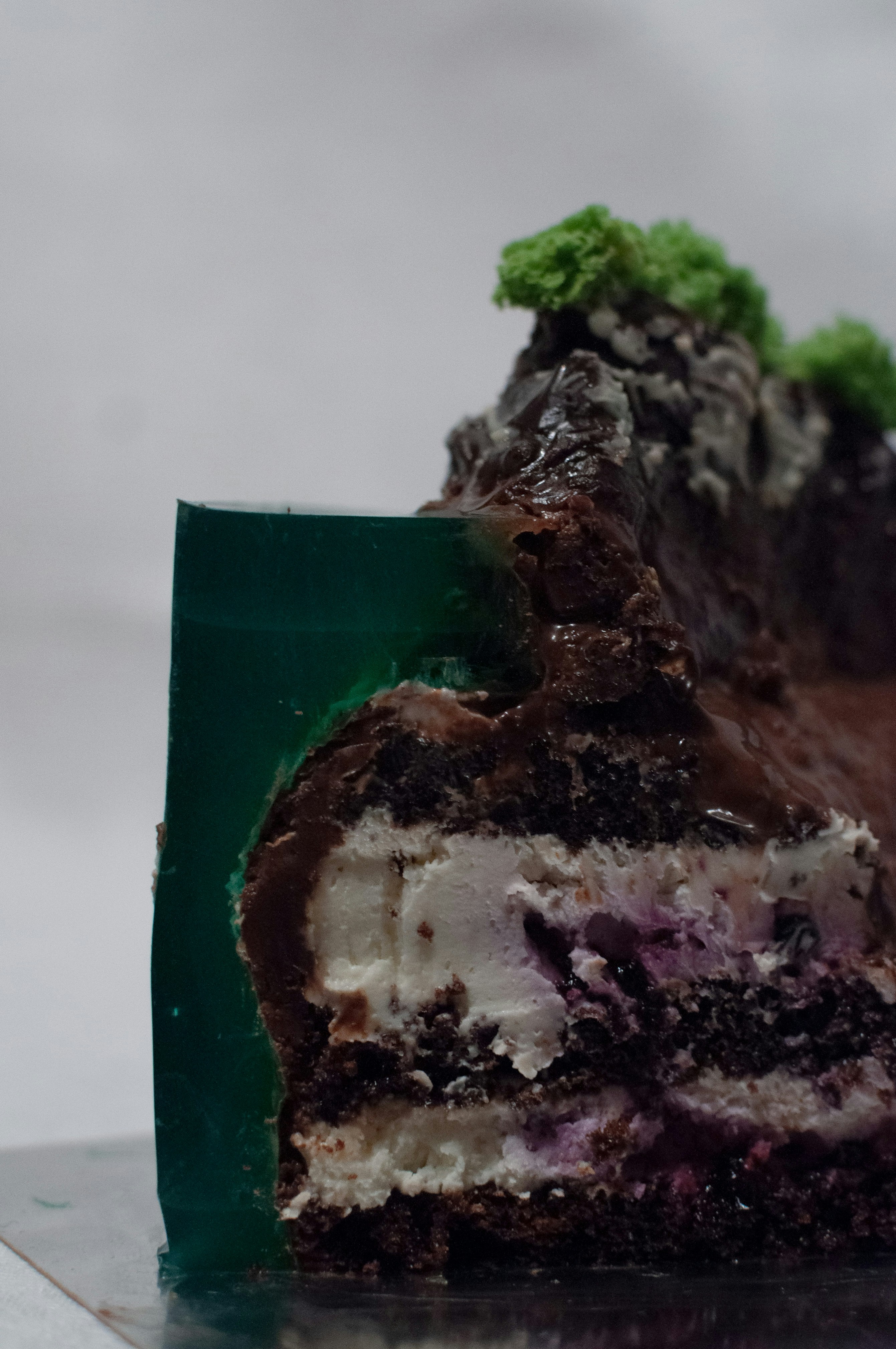 Emerald-topped chocolate cake slice: a micro-close-up of layered decadence