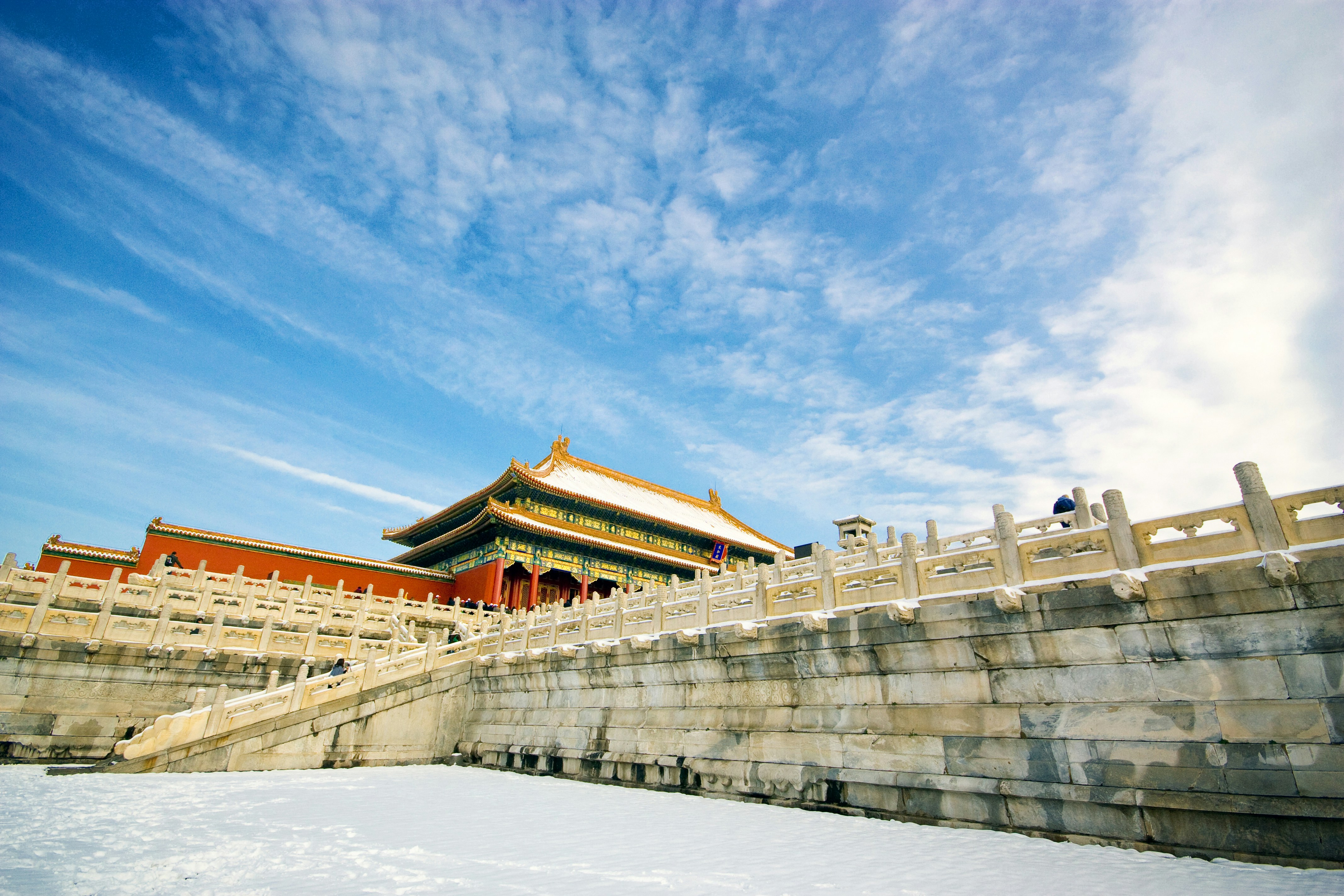 Bridge and Pavilion above the frozen moat under a cerulean sky