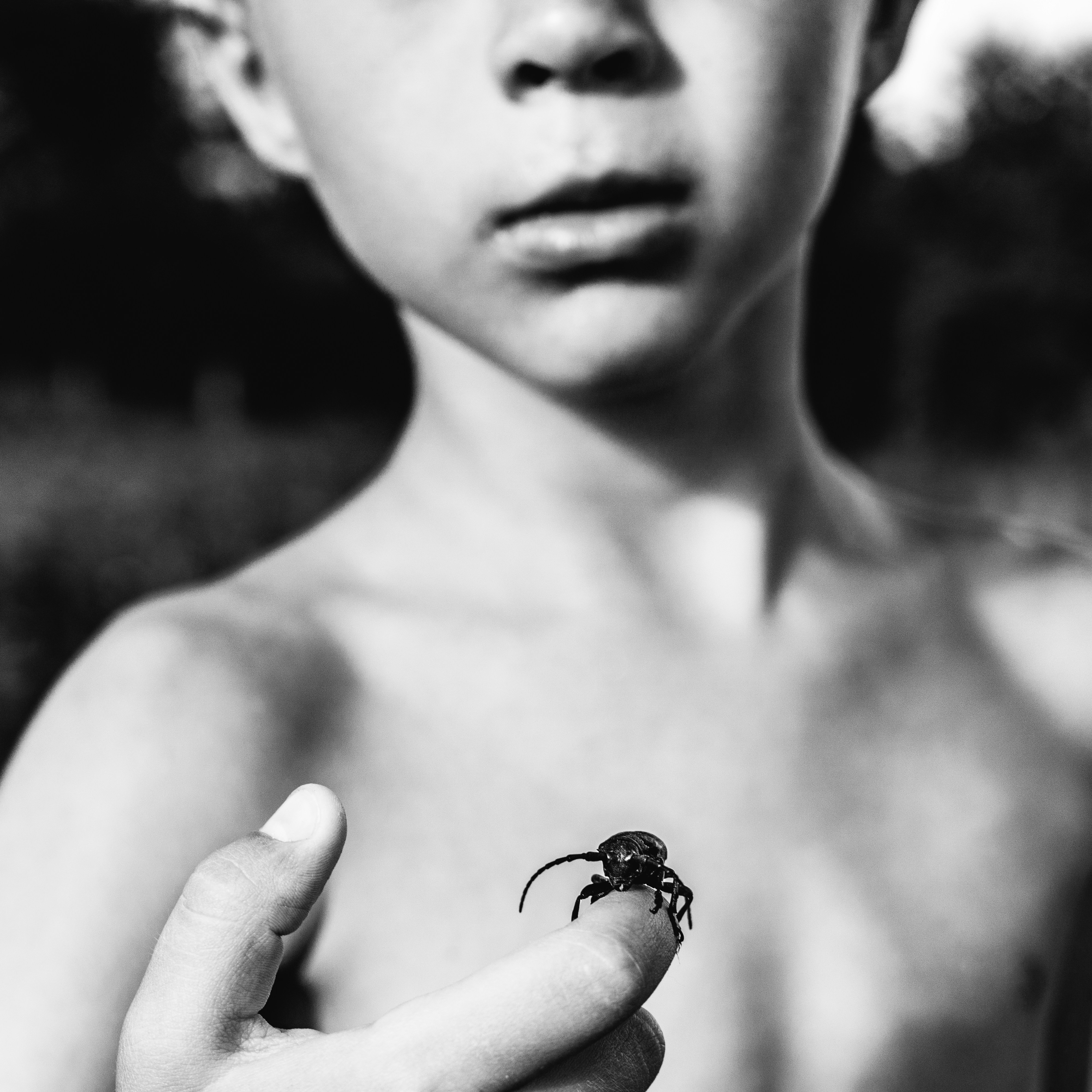 Close-Up of a Boy with a Beetle on His Shoulder