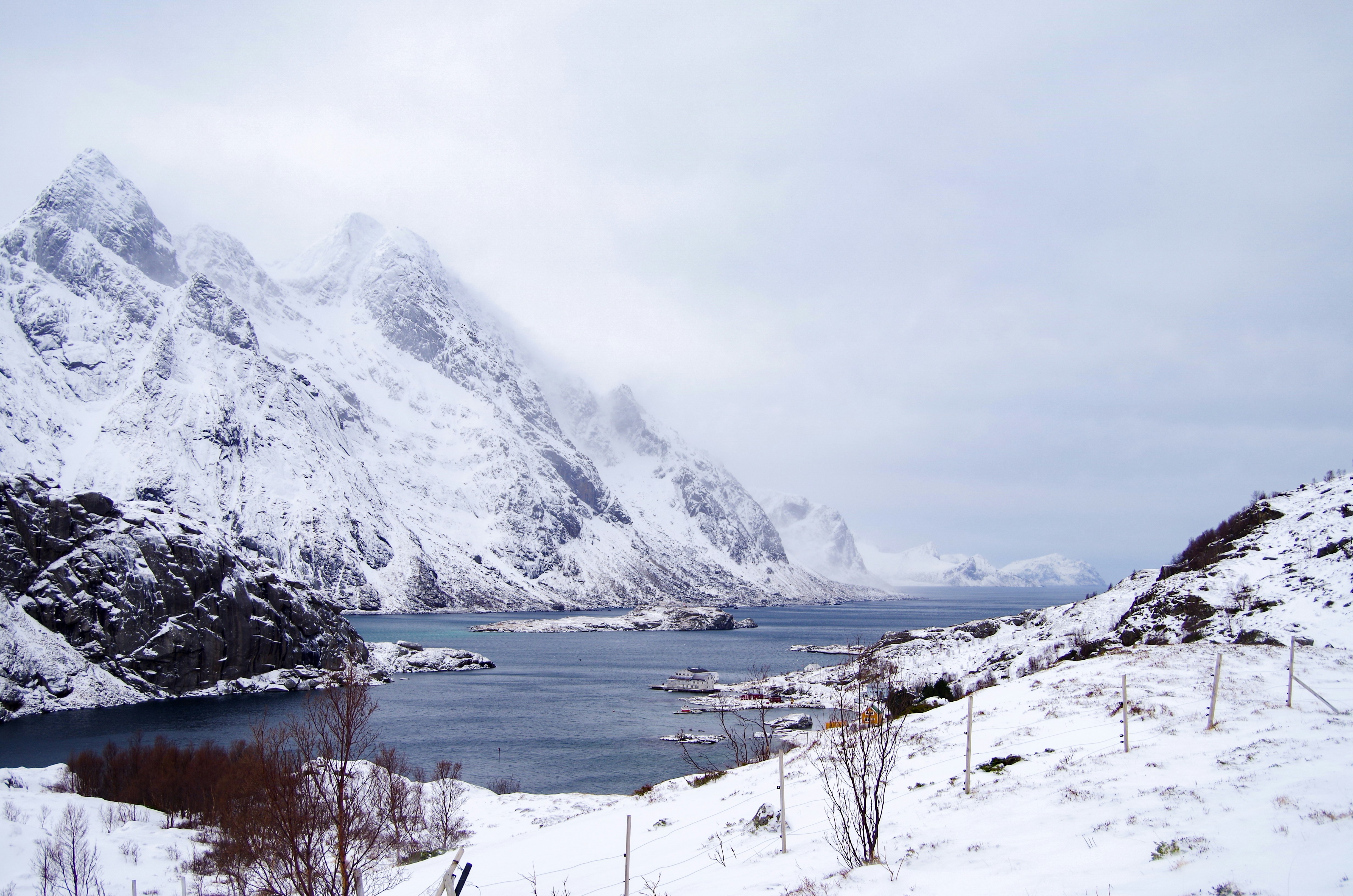 Winter landscape in Lofoten islands, in Norway. Sea and snow.