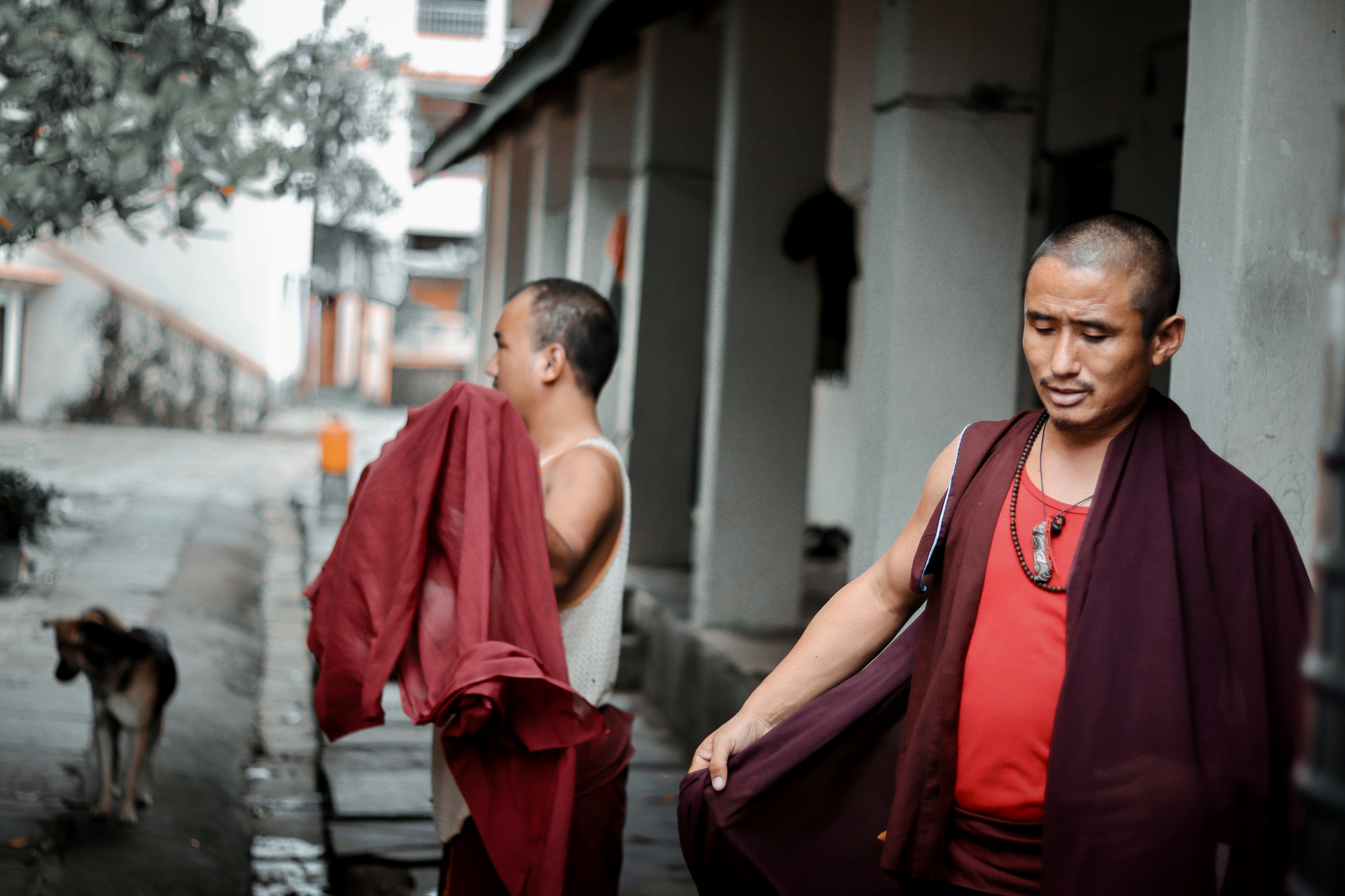 Two monks draped in maroon robes engage in morning routines outside a monastery, with a dog nearby. The scene captures a moment of tranquility and daily life.
