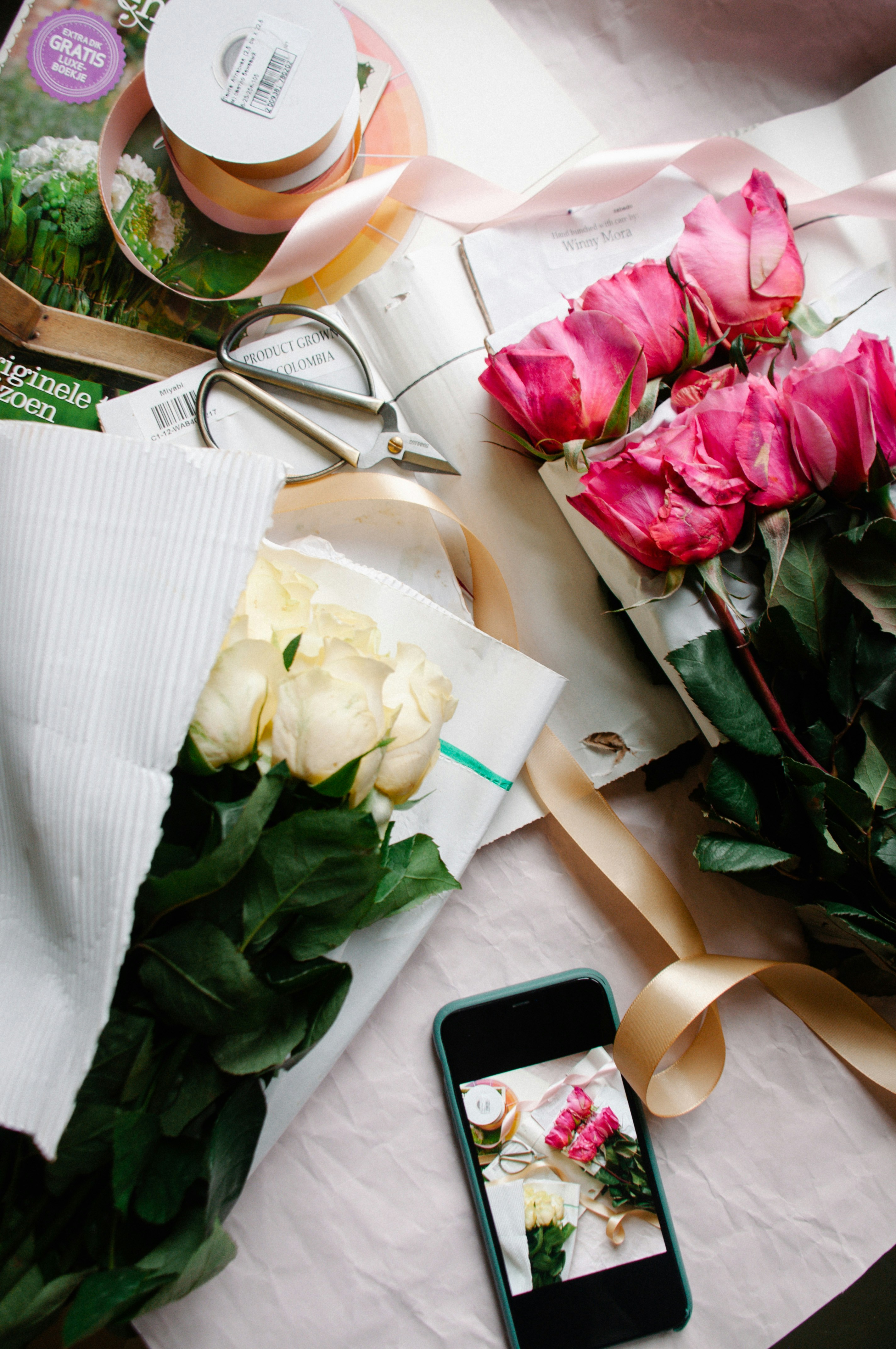 Bouquet Workshop: Pink Roses and Ribbon Fragments on a Pink Surface