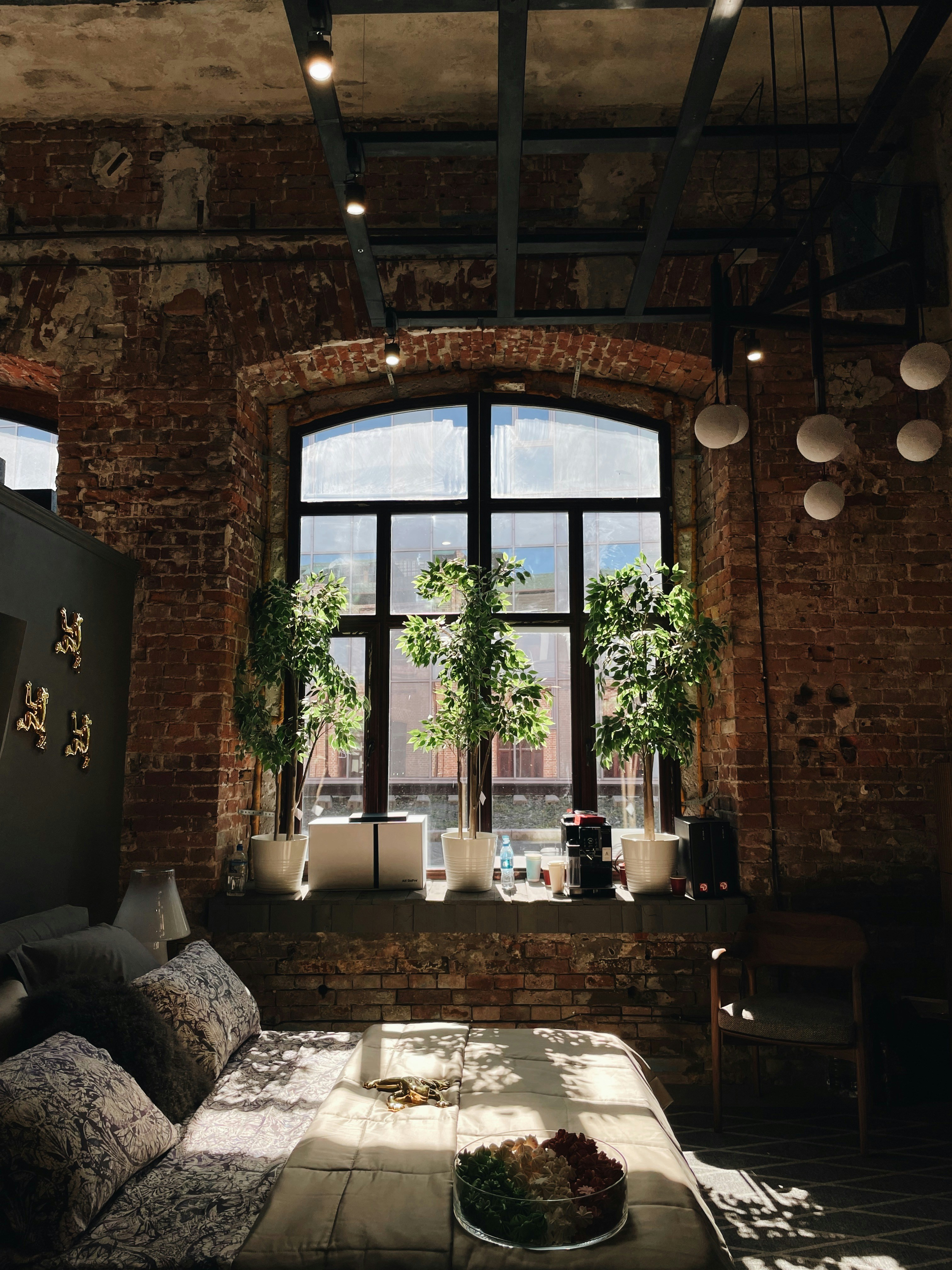 Sunlit Urban Loft with Greenery and Brick Archway