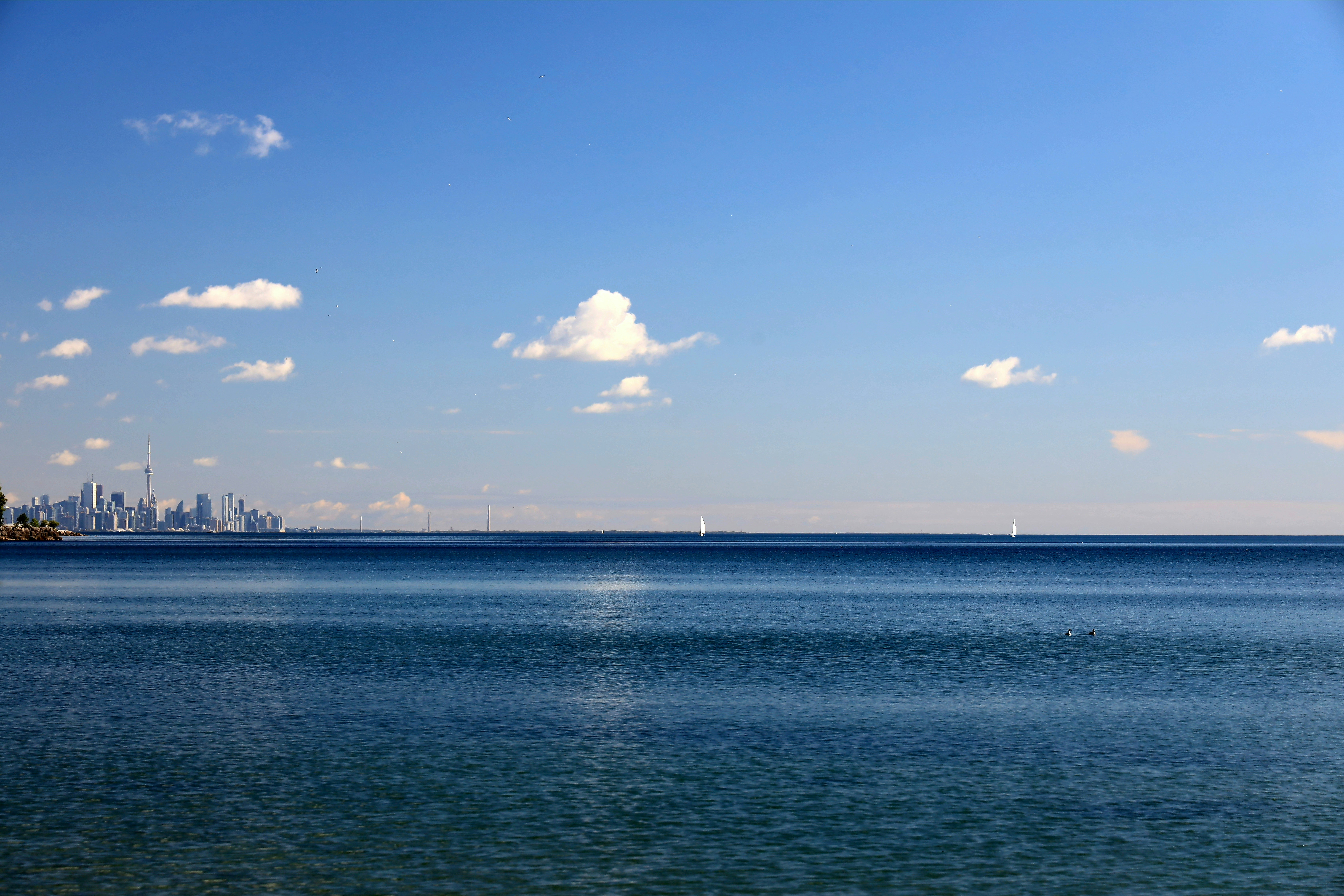 City skyline silhouetted against a tranquil lake under a clear blue sky with scattered clouds. Sailboats glide across the water's surface.