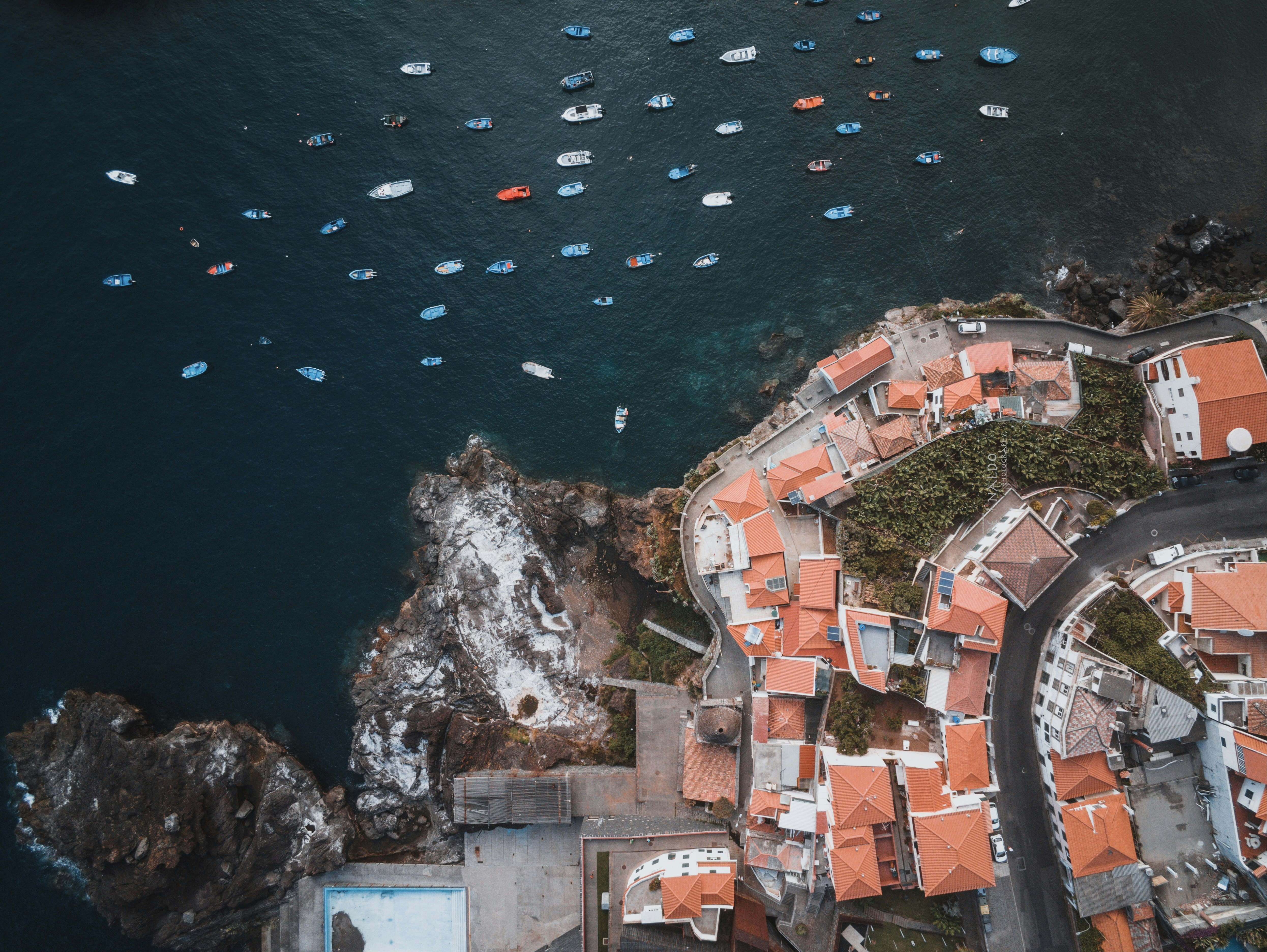 Aerial view of colorful boats scattered over a tranquil sea, juxtaposed with terracotta-roofed houses along the shoreline.