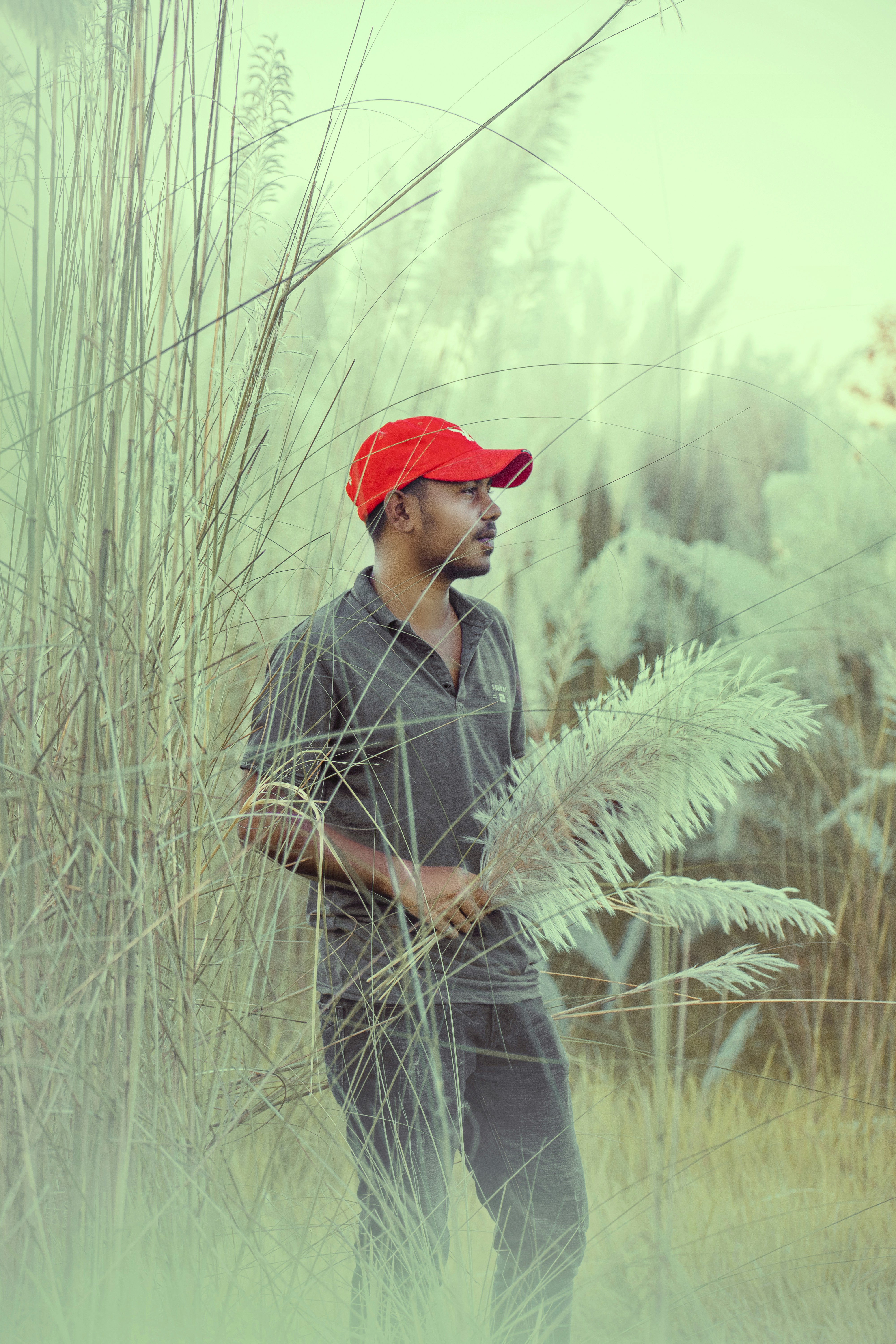 a man standing in a field of tall grass