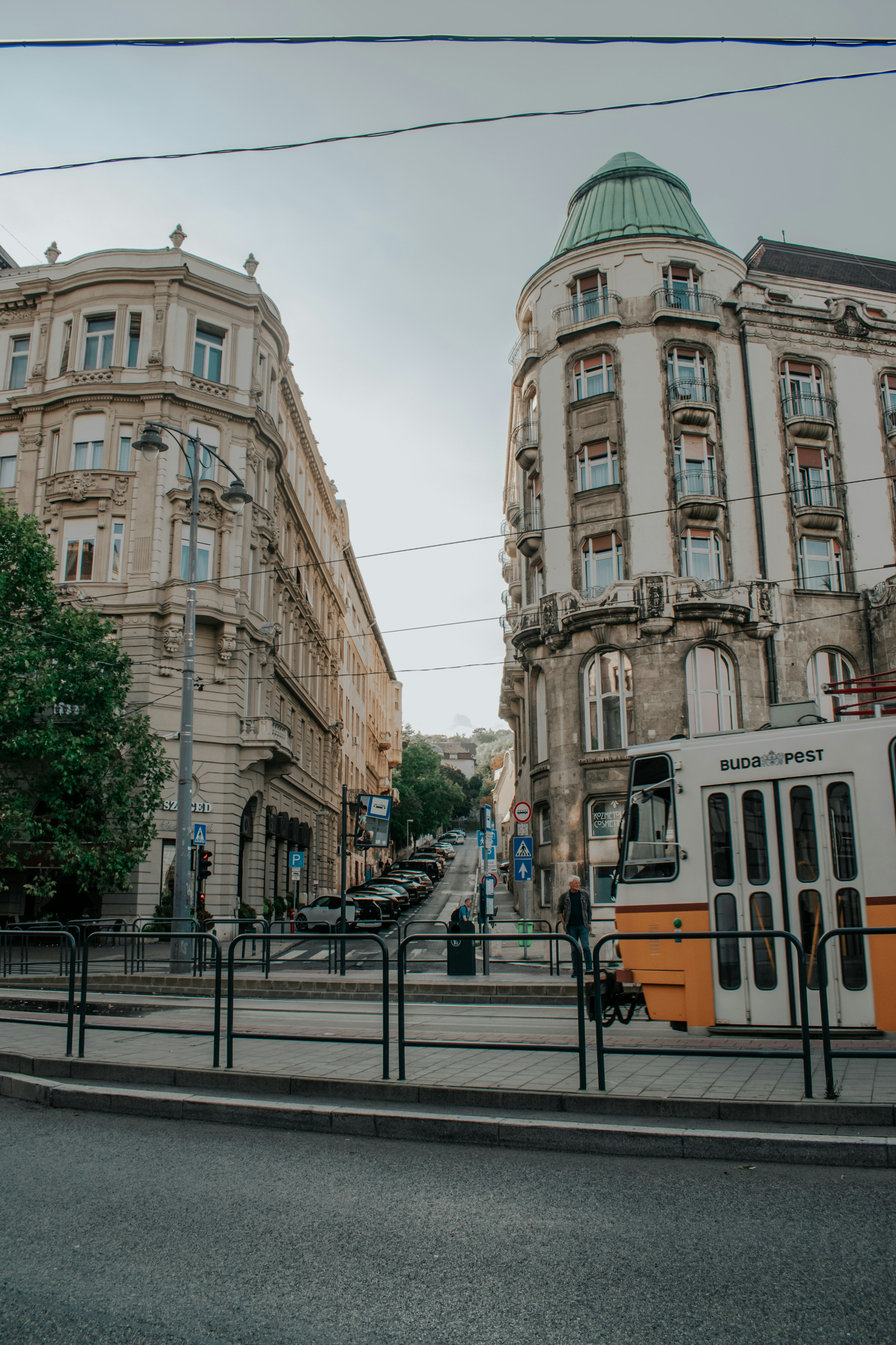 A historic street scene showcasing the unique architecture of Budapest, featuring a tram and lush greenery along the sidewalk.