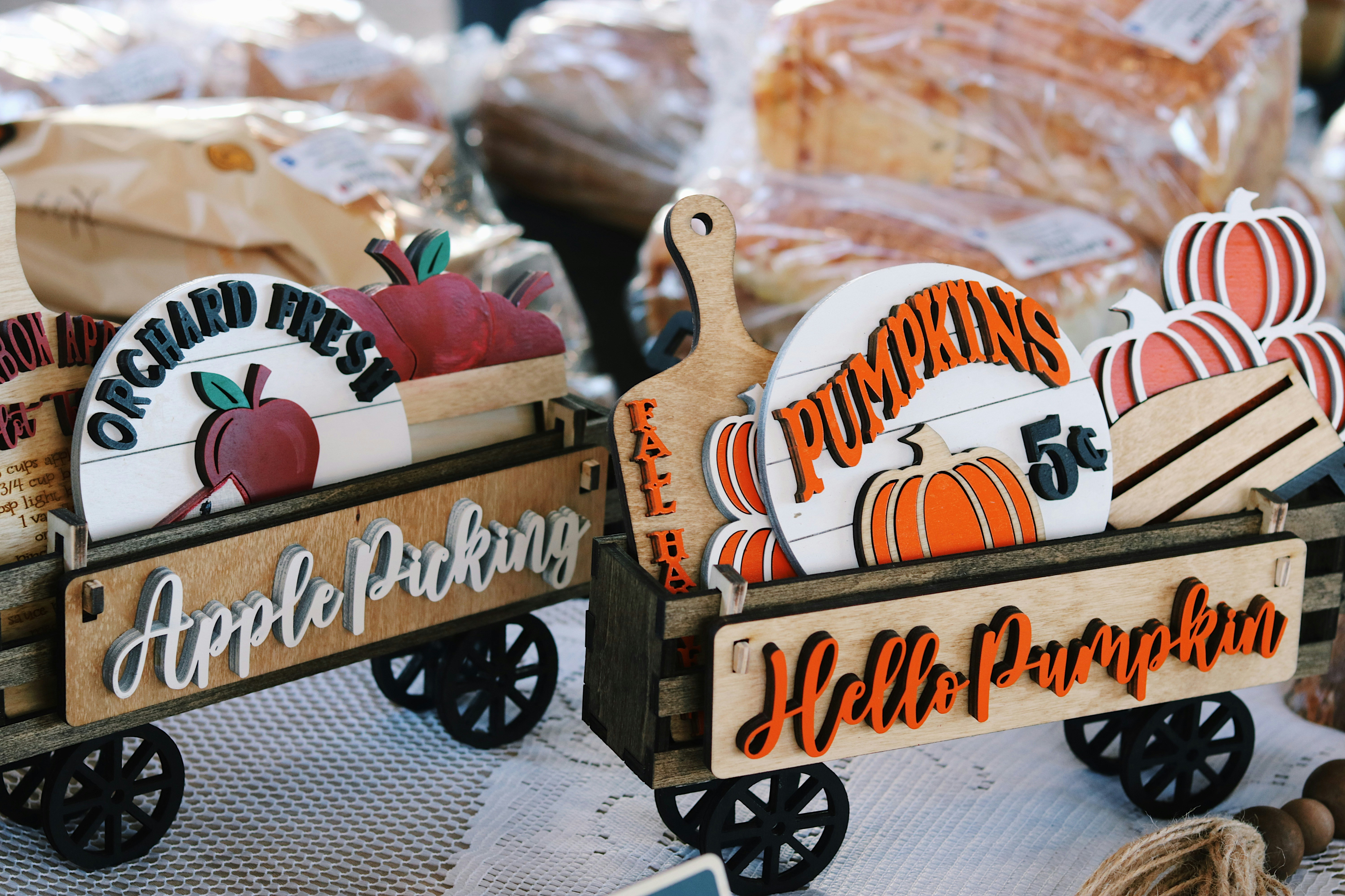 Wooden Market Wagons: Orchard Fest Signage and Pumpkins Display