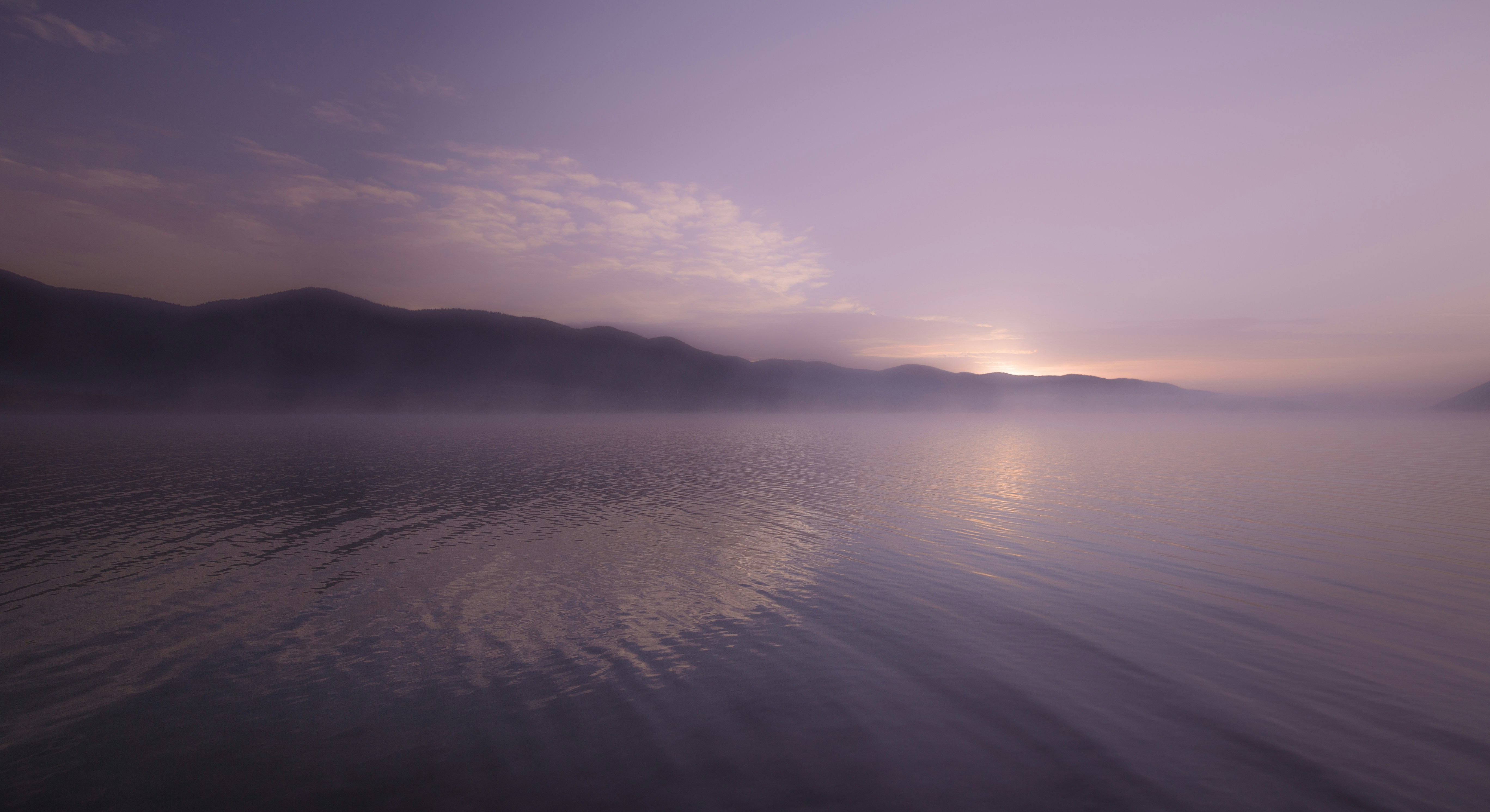 Lavender Dawn Over a Mist-Wrapped Fjord