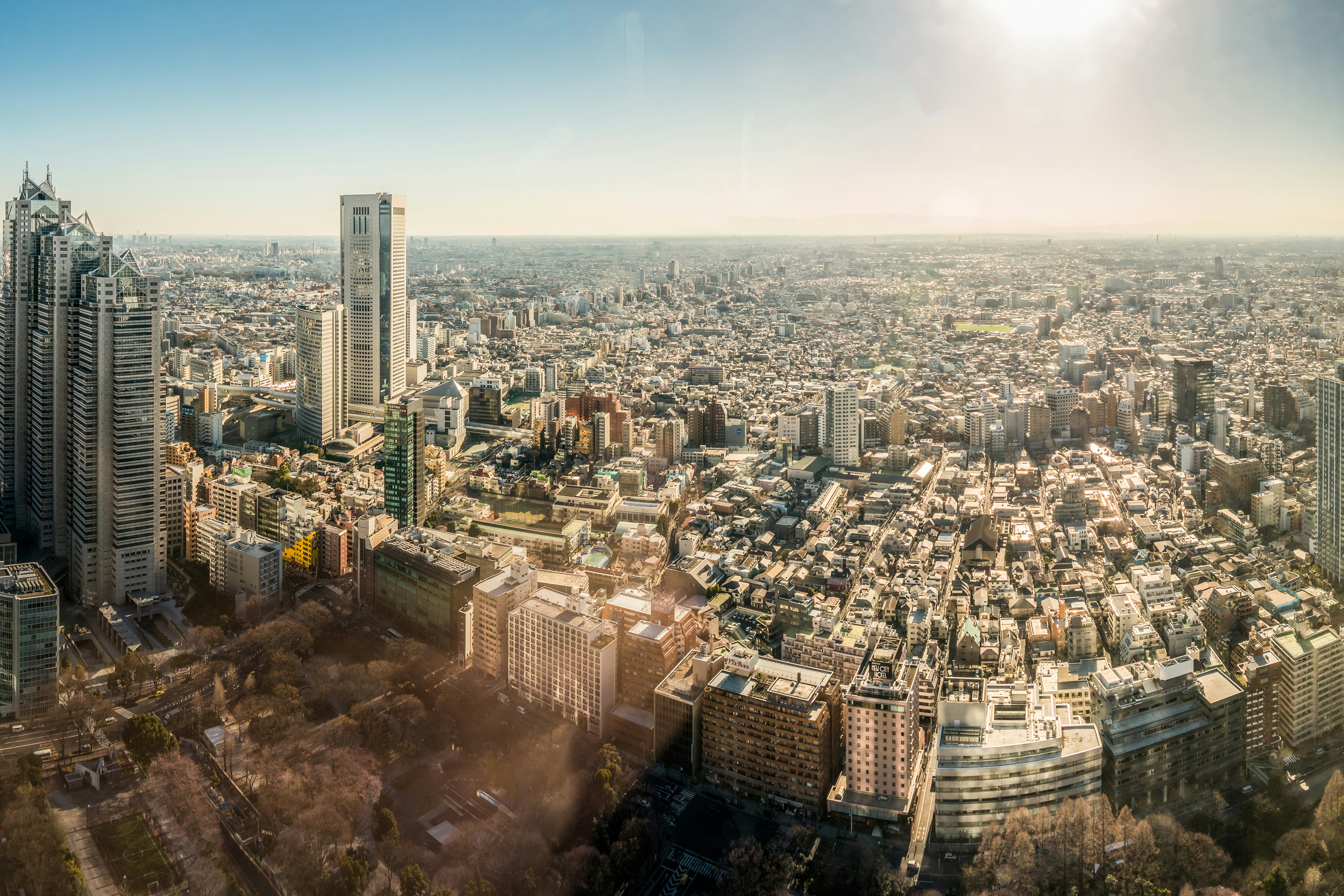 Vast cityscape showcasing a blend of modern skyscrapers and historical architecture under a clear sky. The scene captures the dynamic essence of urban living.