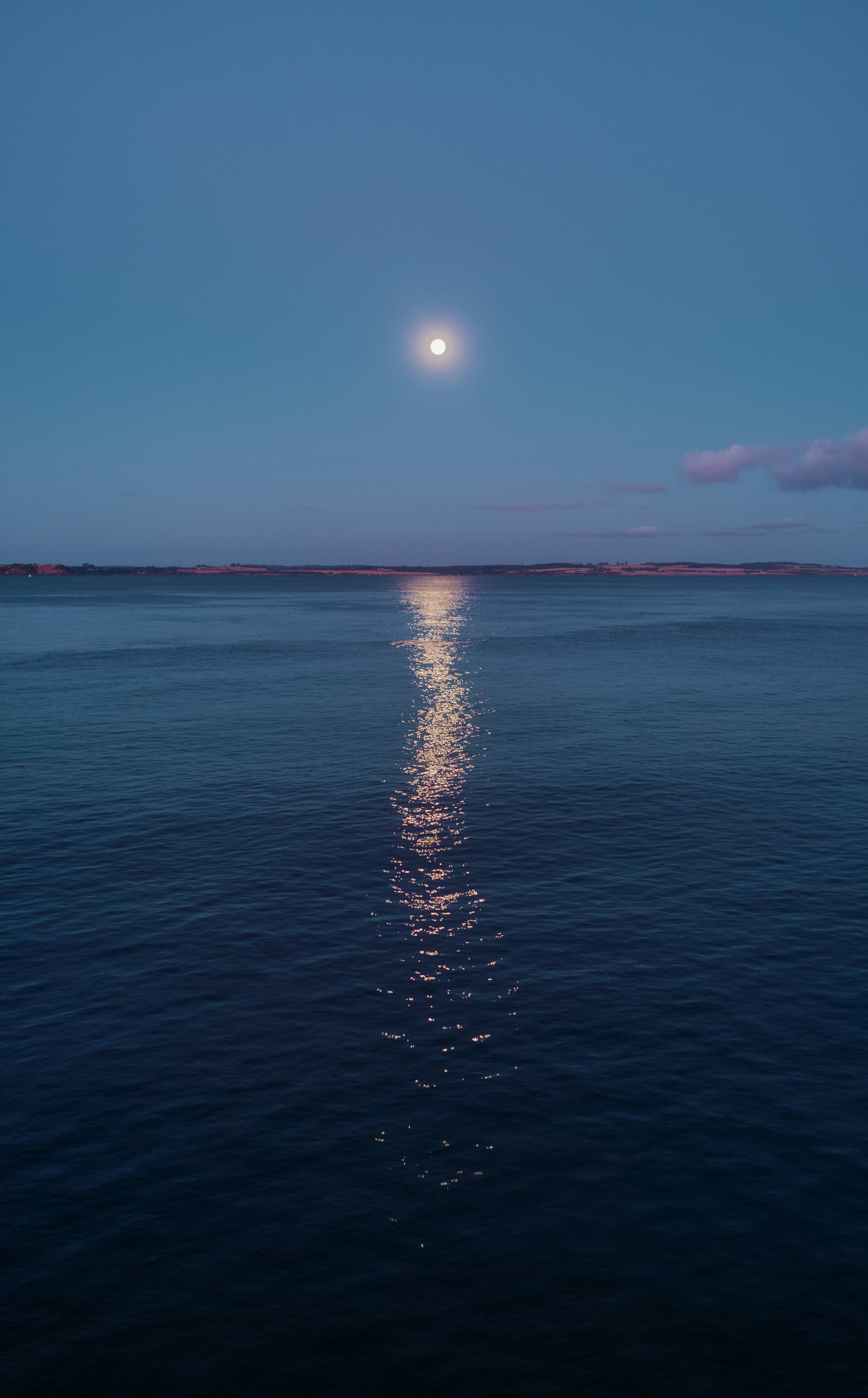 Full moon over a calm sea casts a bright reflection toward the foreground under a blue twilight sky.