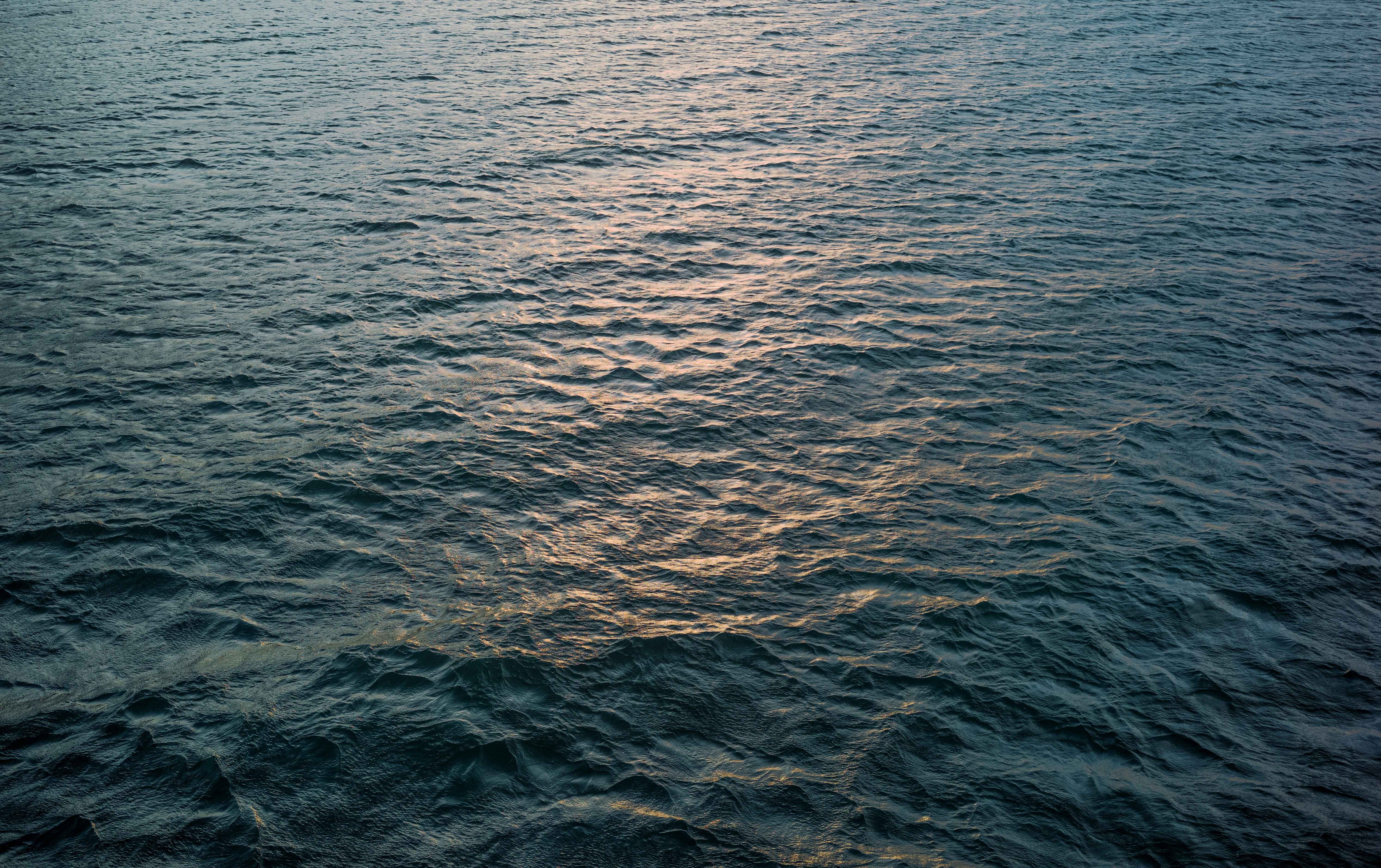 Glistening waves reflecting soft light create a serene seascape, inviting contemplation. The image captures the tranquil essence of water in motion.