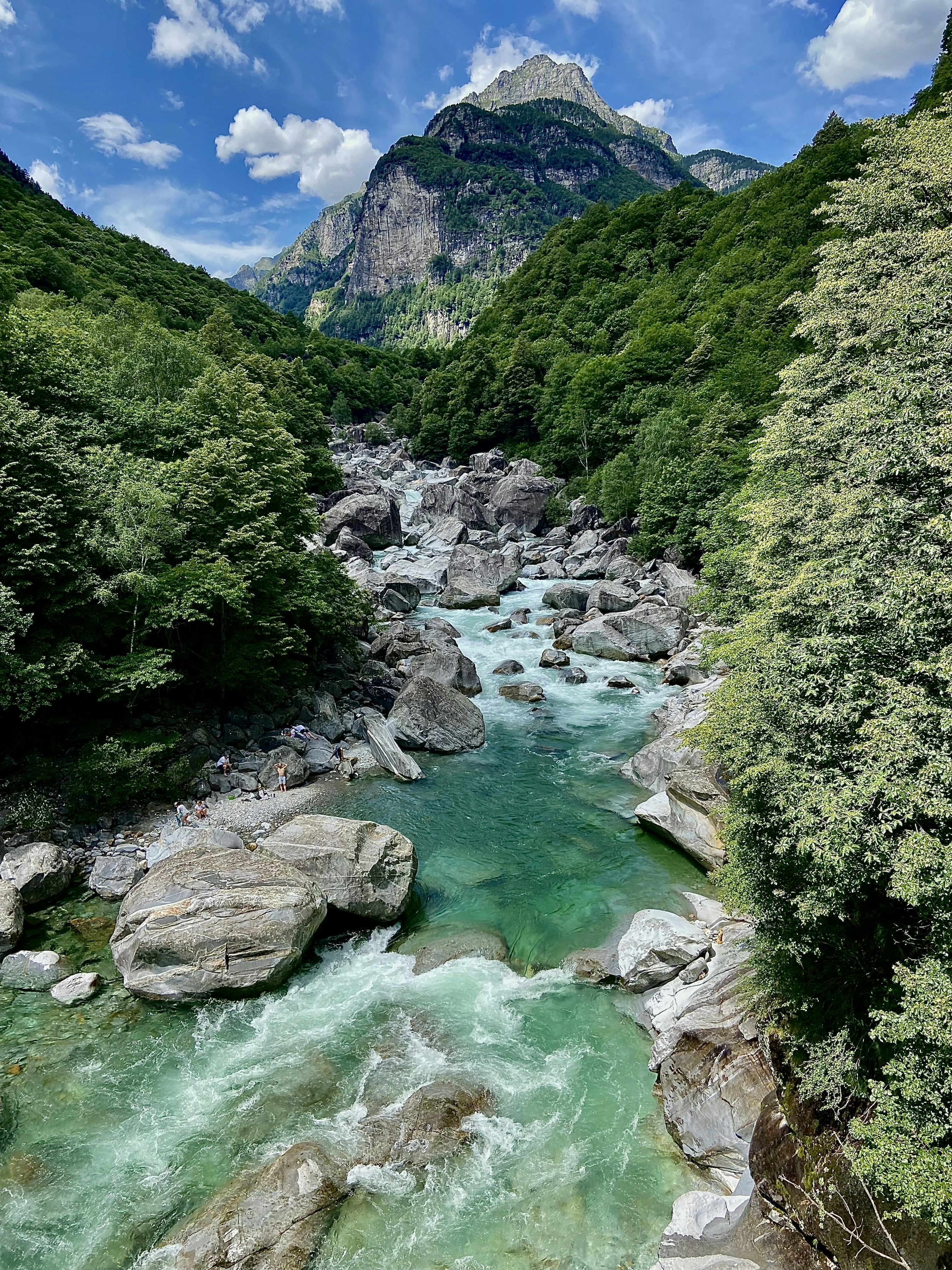 Rushing river with vibrant emerald waters flows through rocky terrain surrounded by lush greenery and towering mountains.