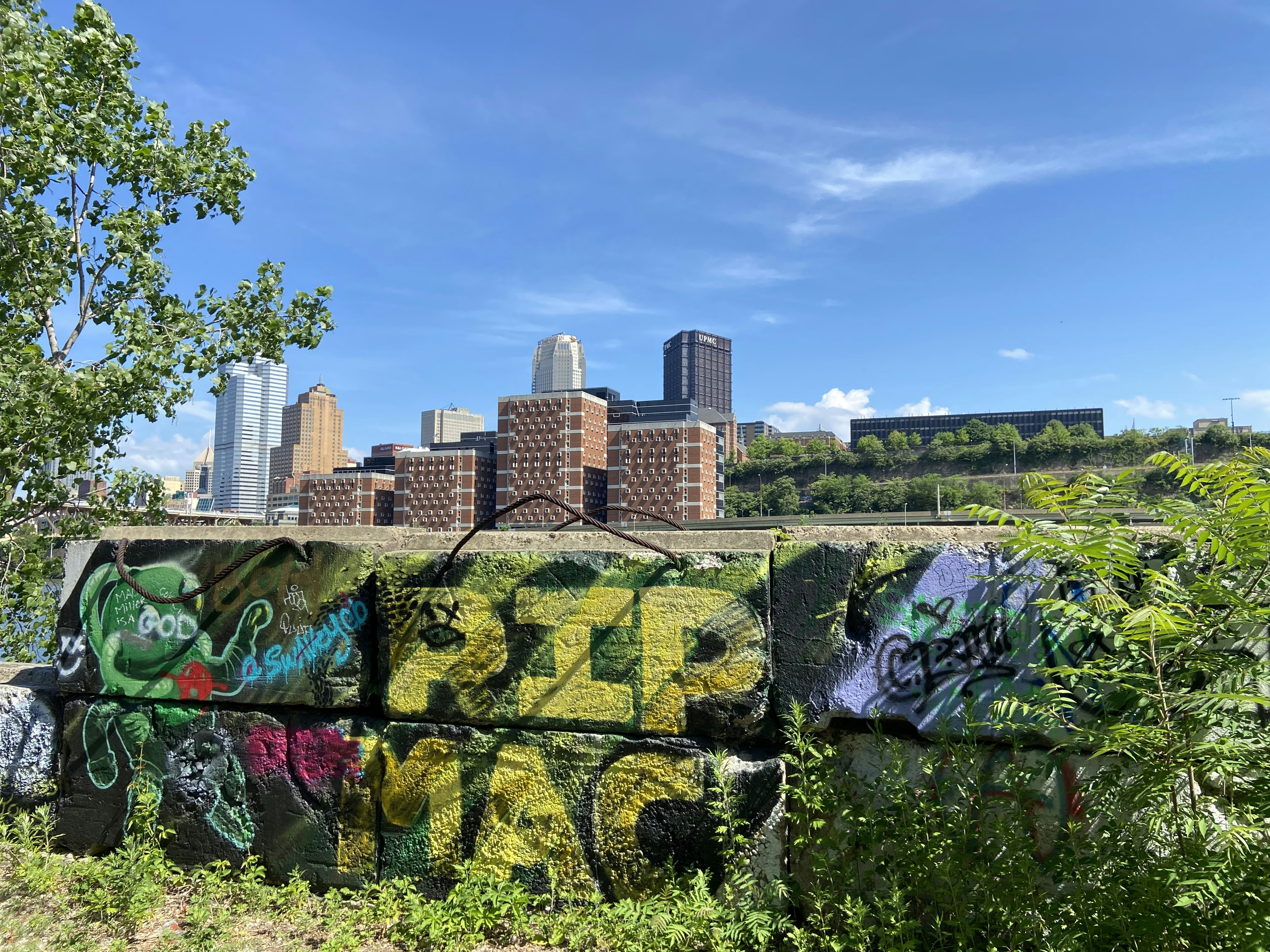 A wall covered in graffiti with a city in the background photo – Free ...