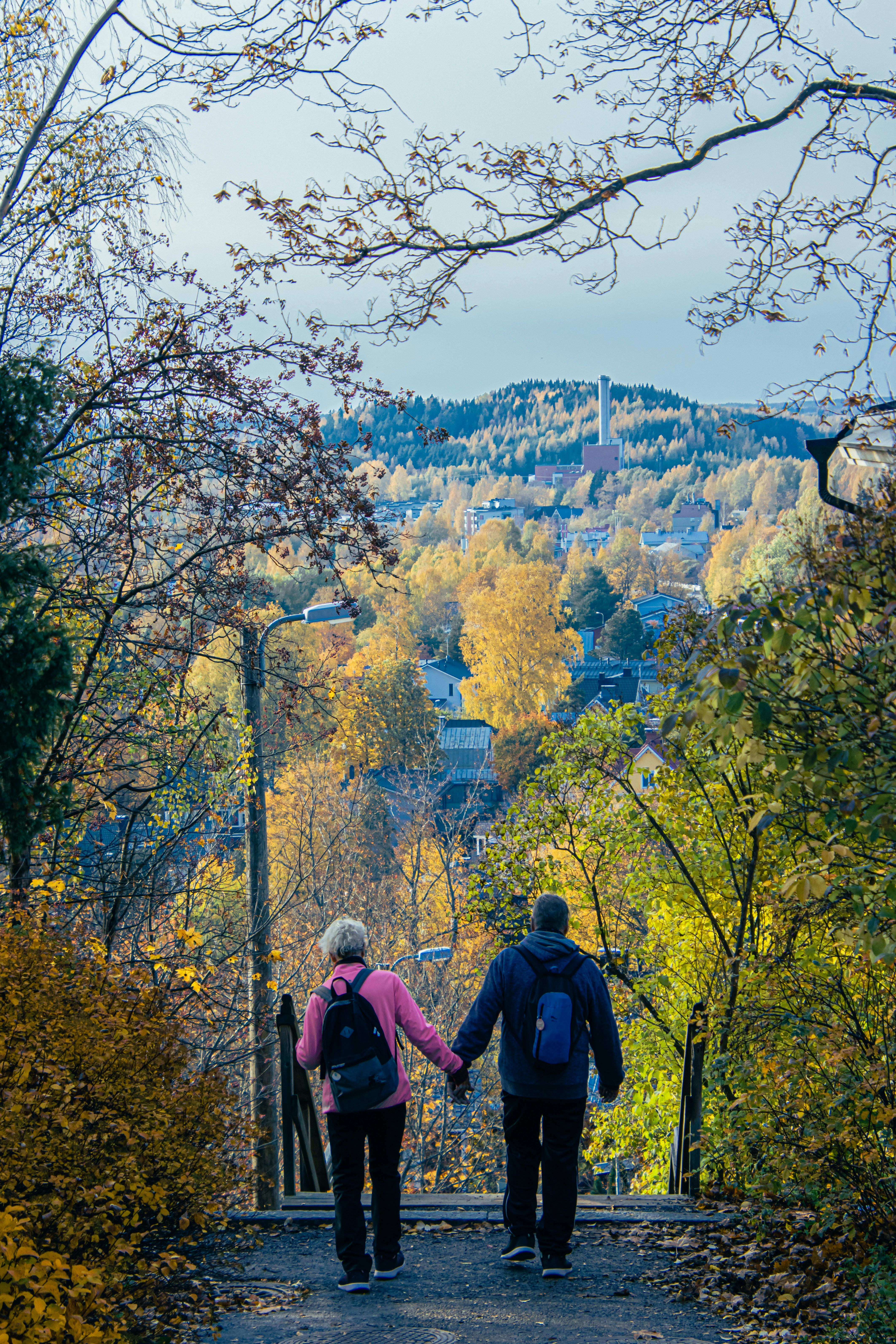 Two individuals walking hand in hand down a path surrounded by vibrant autumn foliage, overlooking a scenic town below.