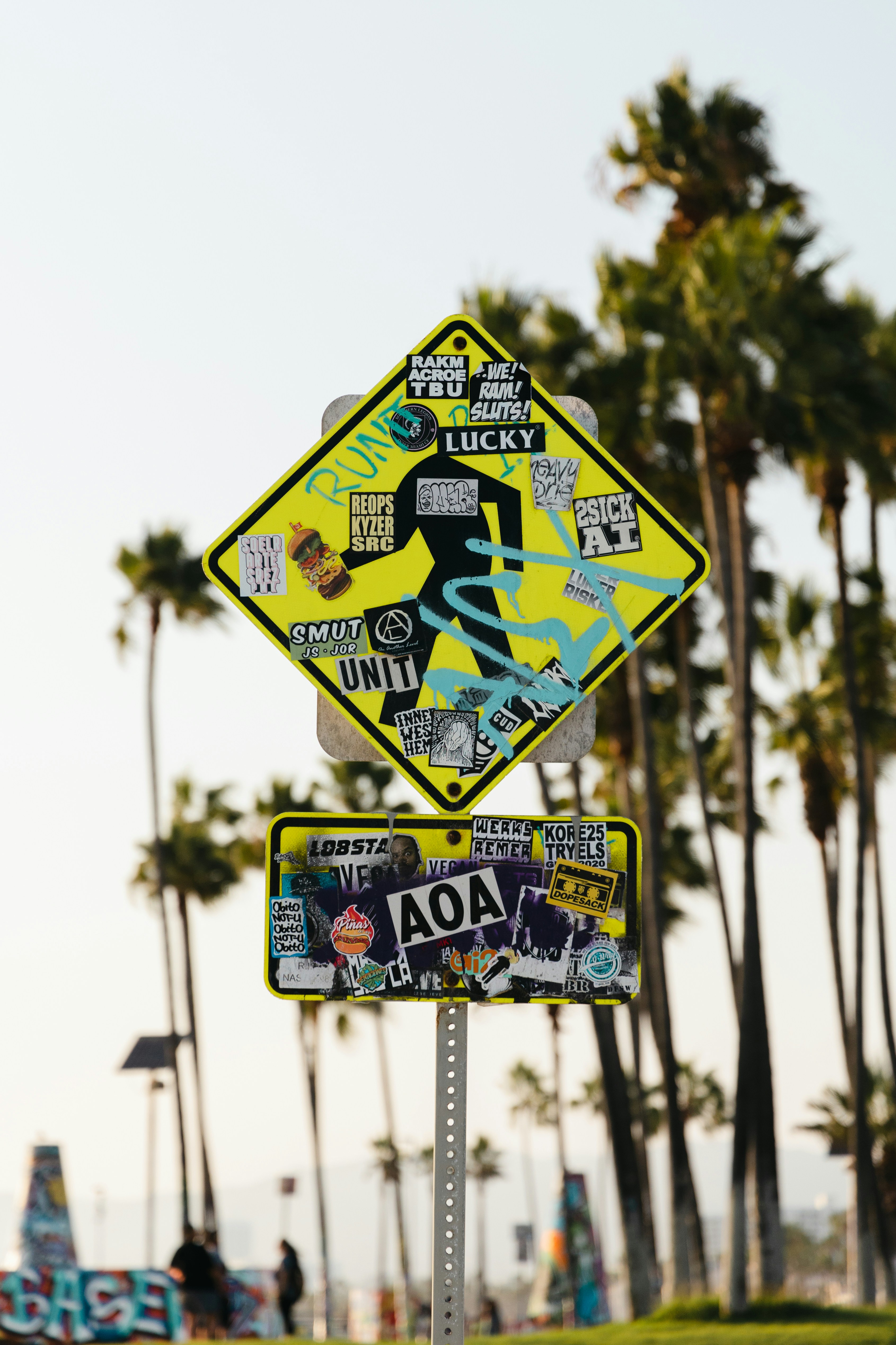 Stickered Diamond Signpost Framed by Sunset Palms