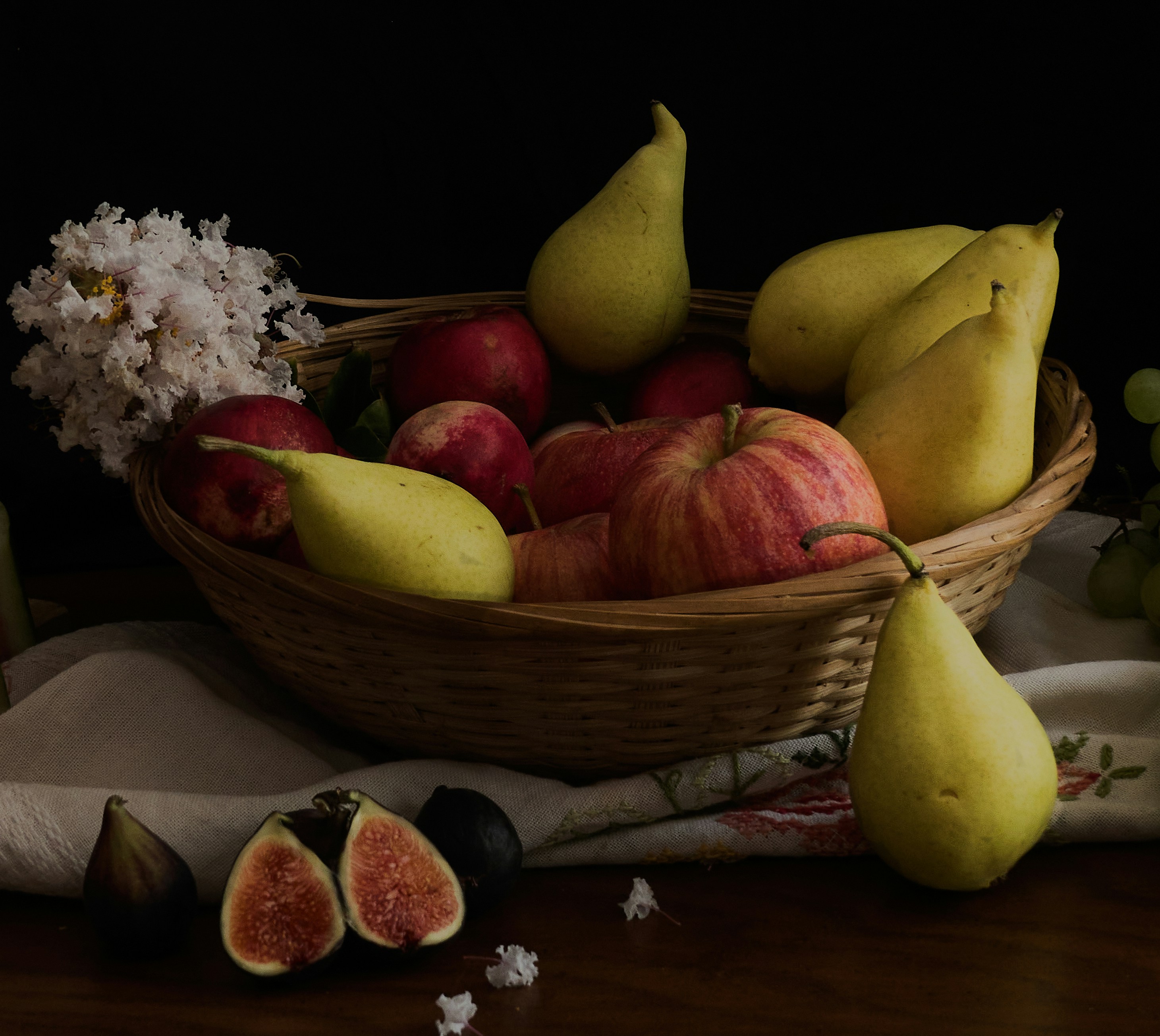 Dark Velvet Still-Life: A Basket of Pears, Apples, and Figs in Quiet Light