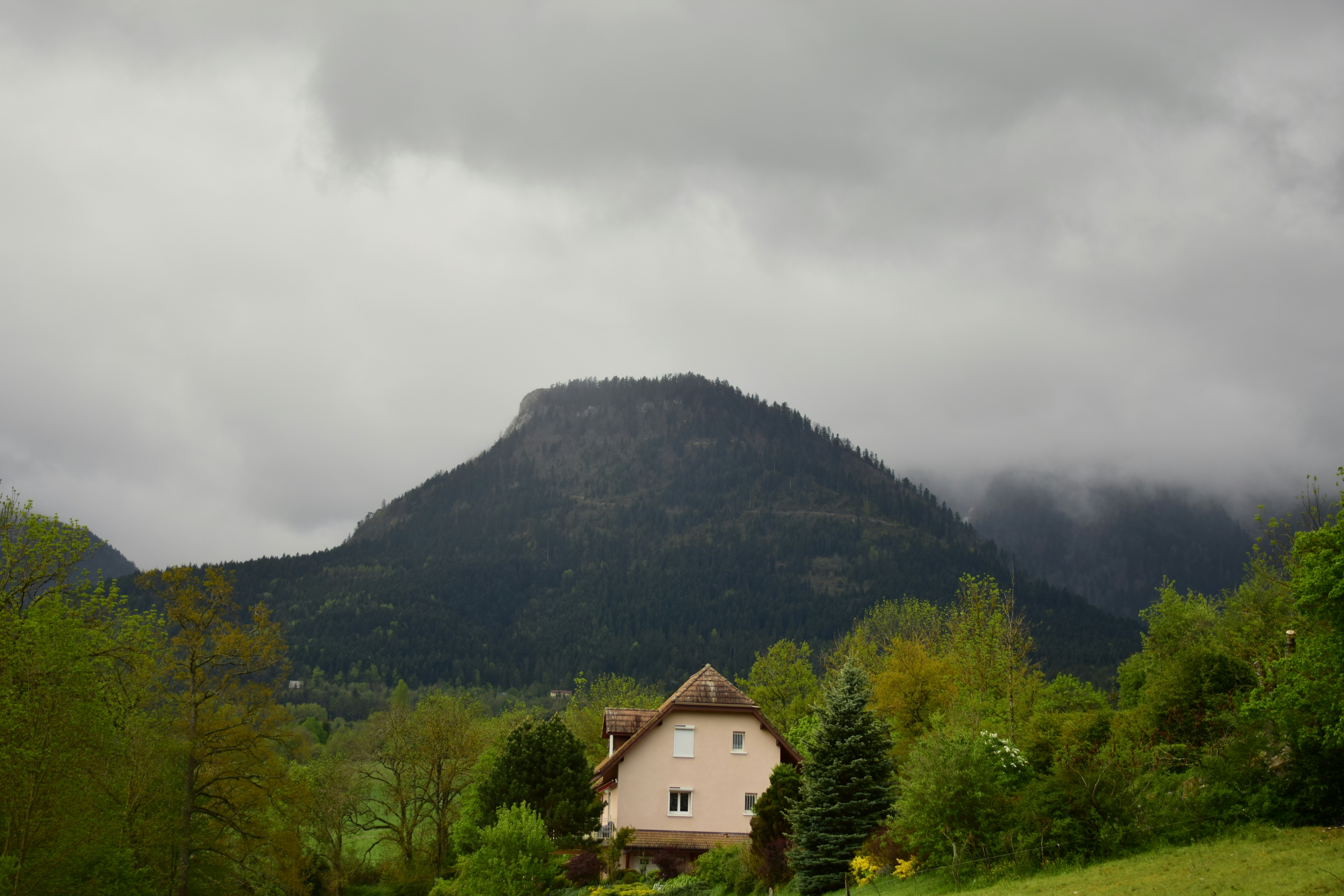 A charming pink house nestled among lush greenery, set against a backdrop of misty mountains under a cloudy sky.