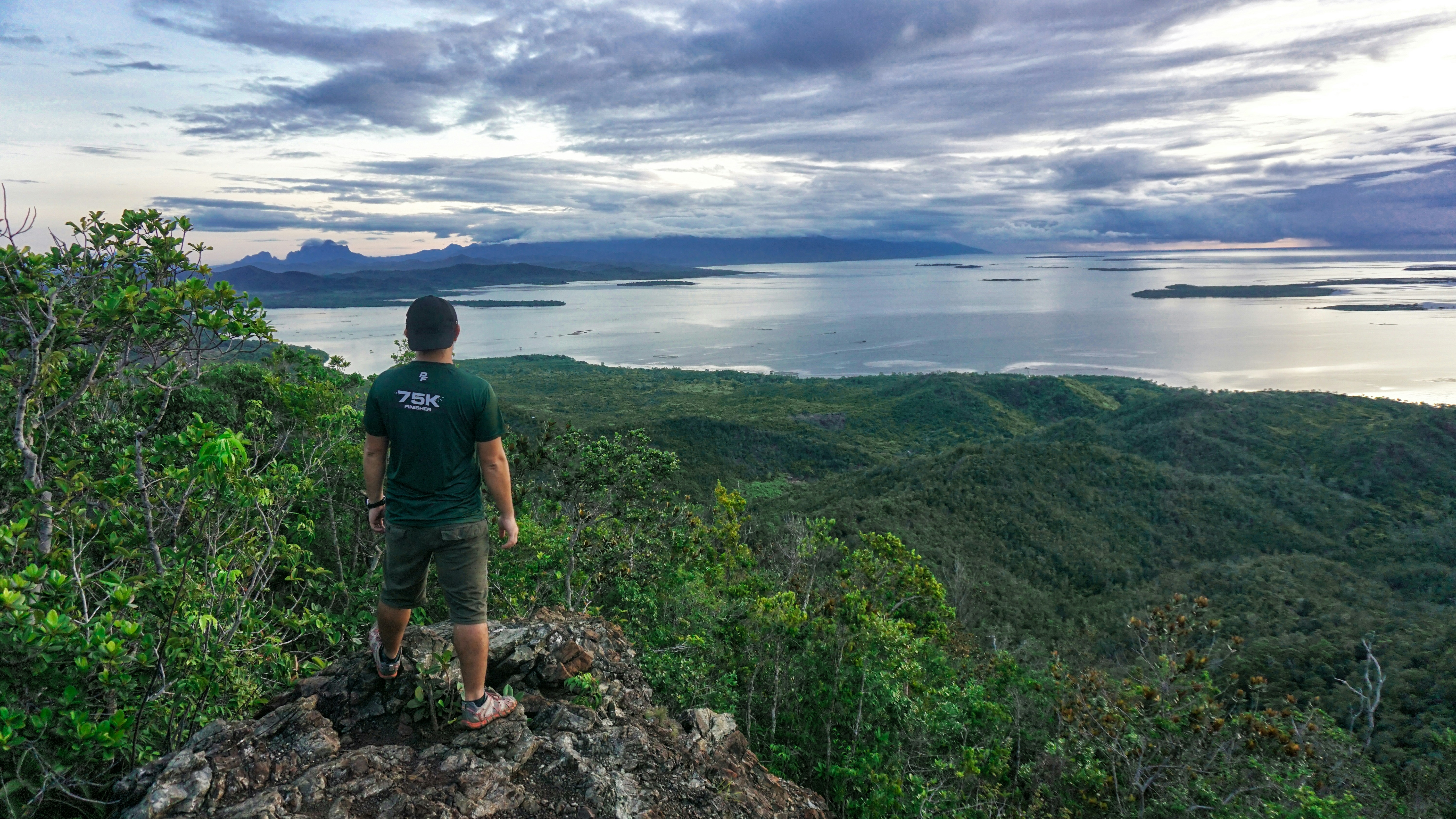 Man stands on a lush hillside gazing at a vast landscape of green hills and a distant body of water under a cloudy sky.