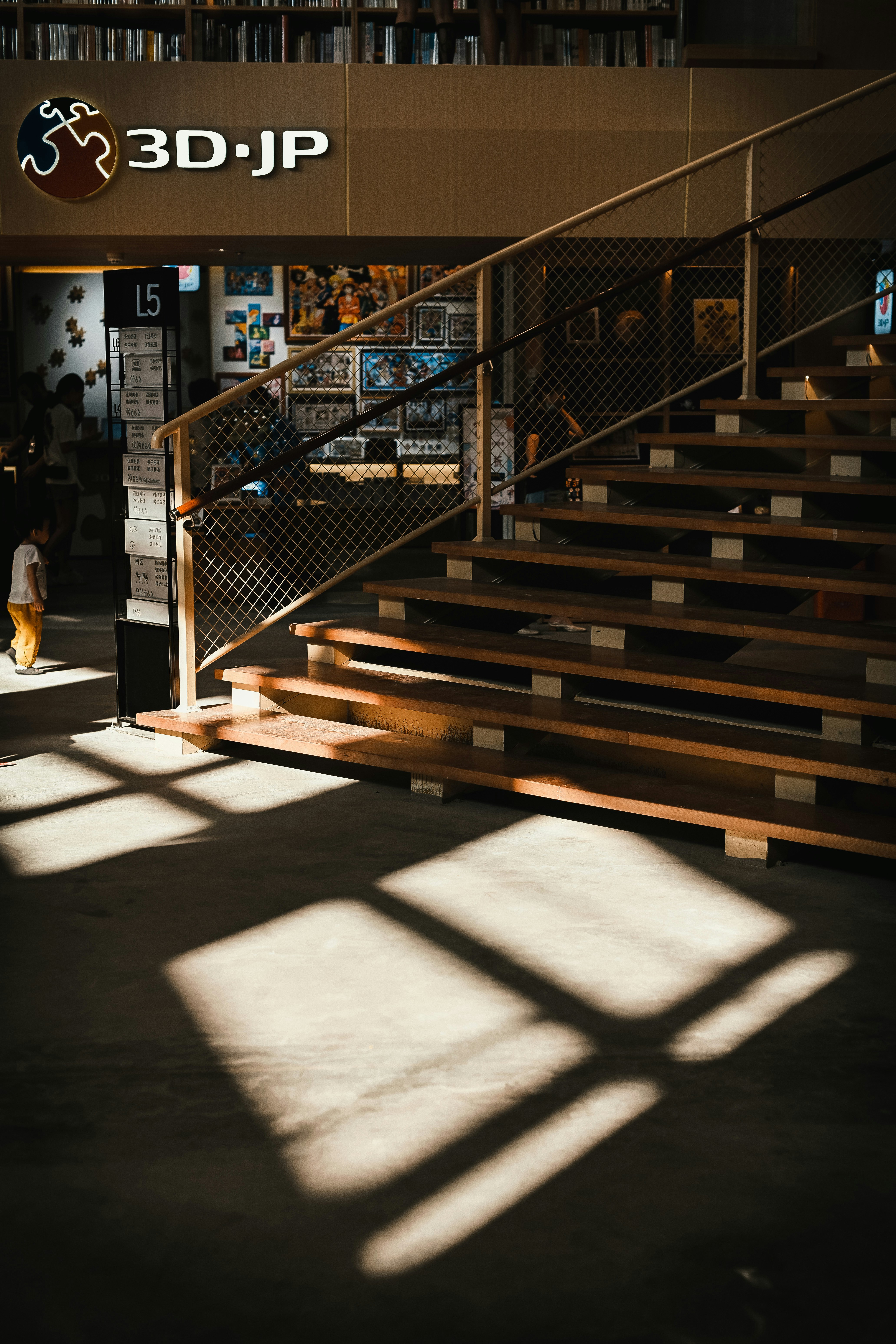 Crosshatch Ascent: Light Plays Across a Wooden Staircase