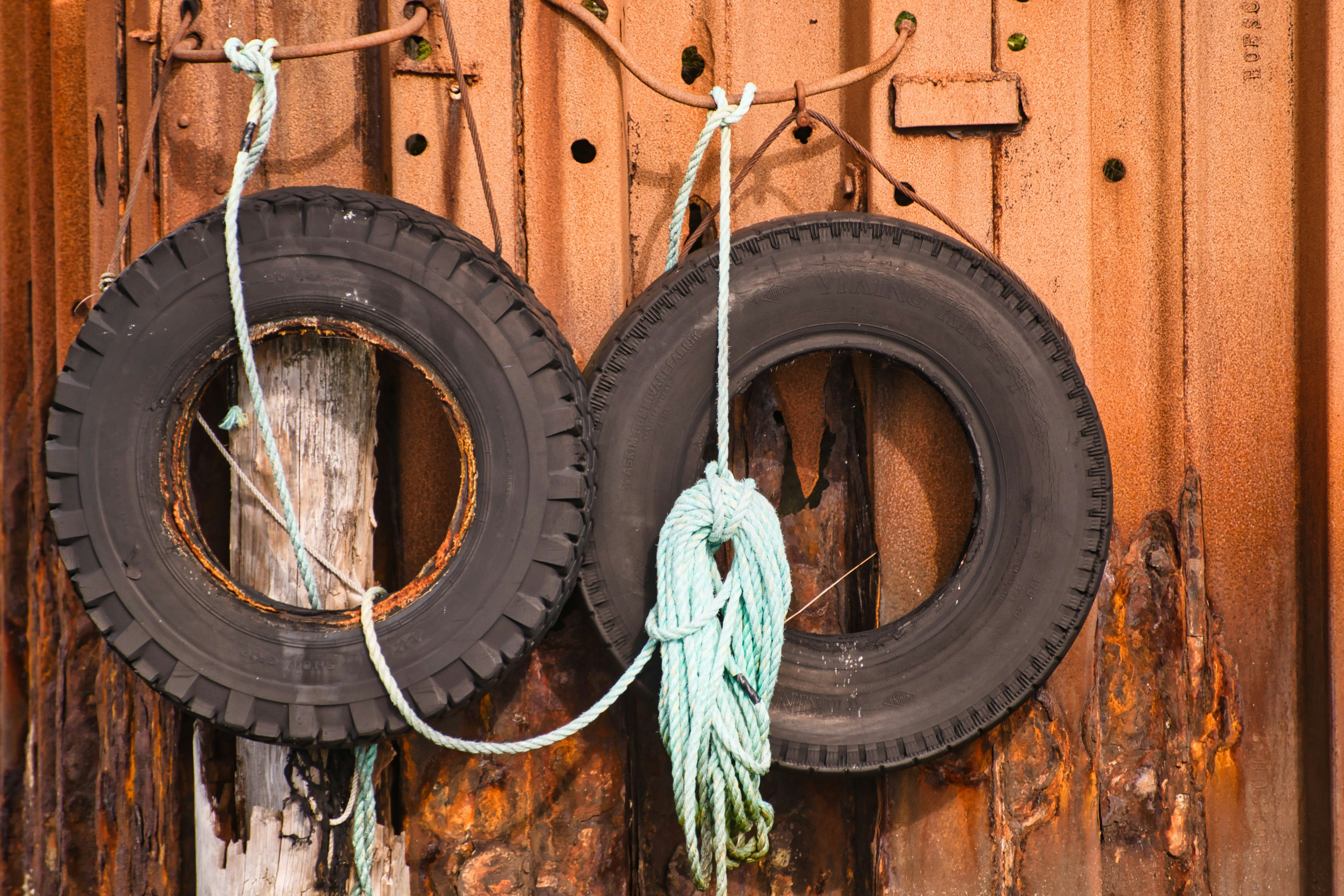 Two Tires, One Rope: A Rustic Portrait on Weathered Wood