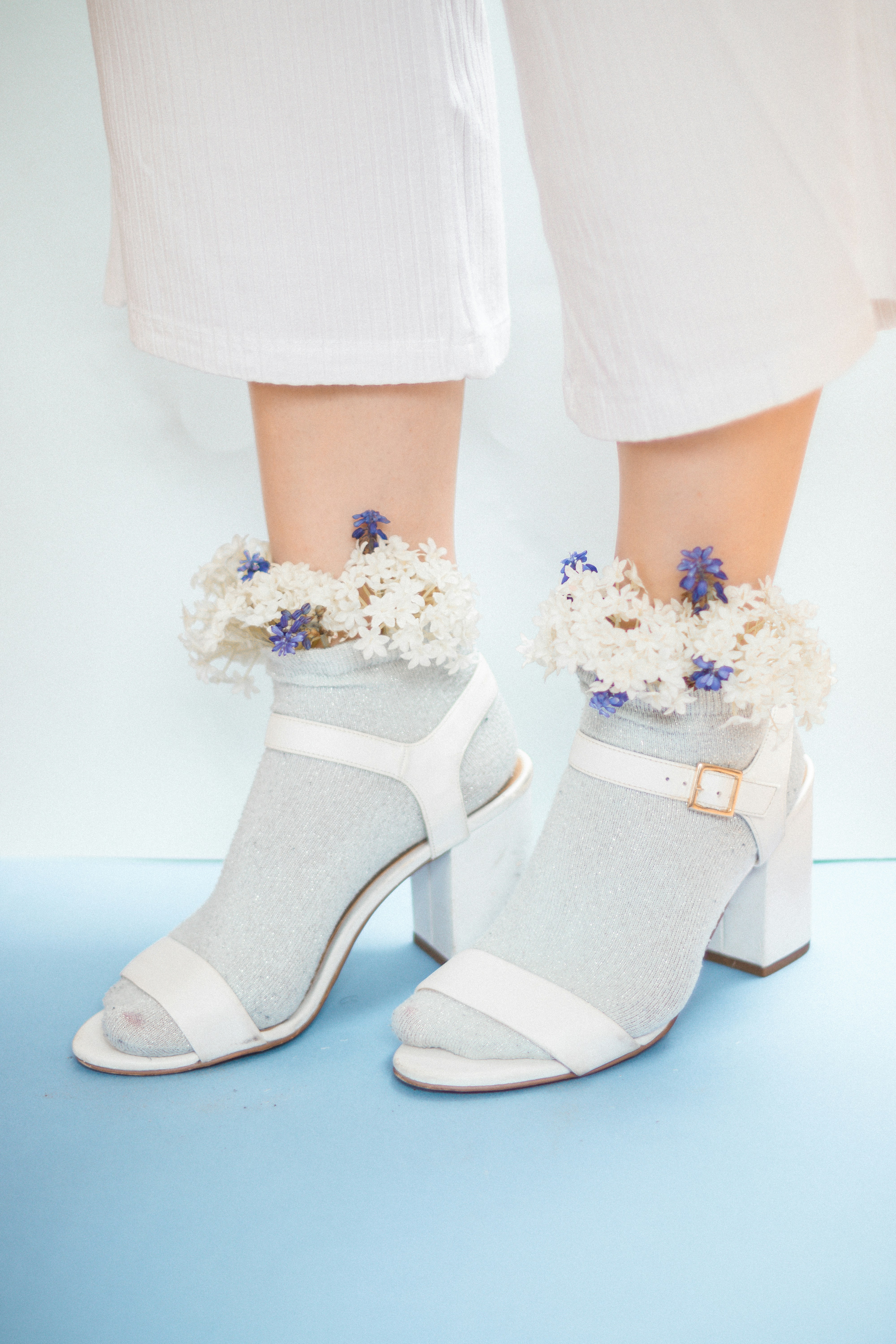 Floral Anklet Heels in Powder Blue: A Quiet Studio Moment