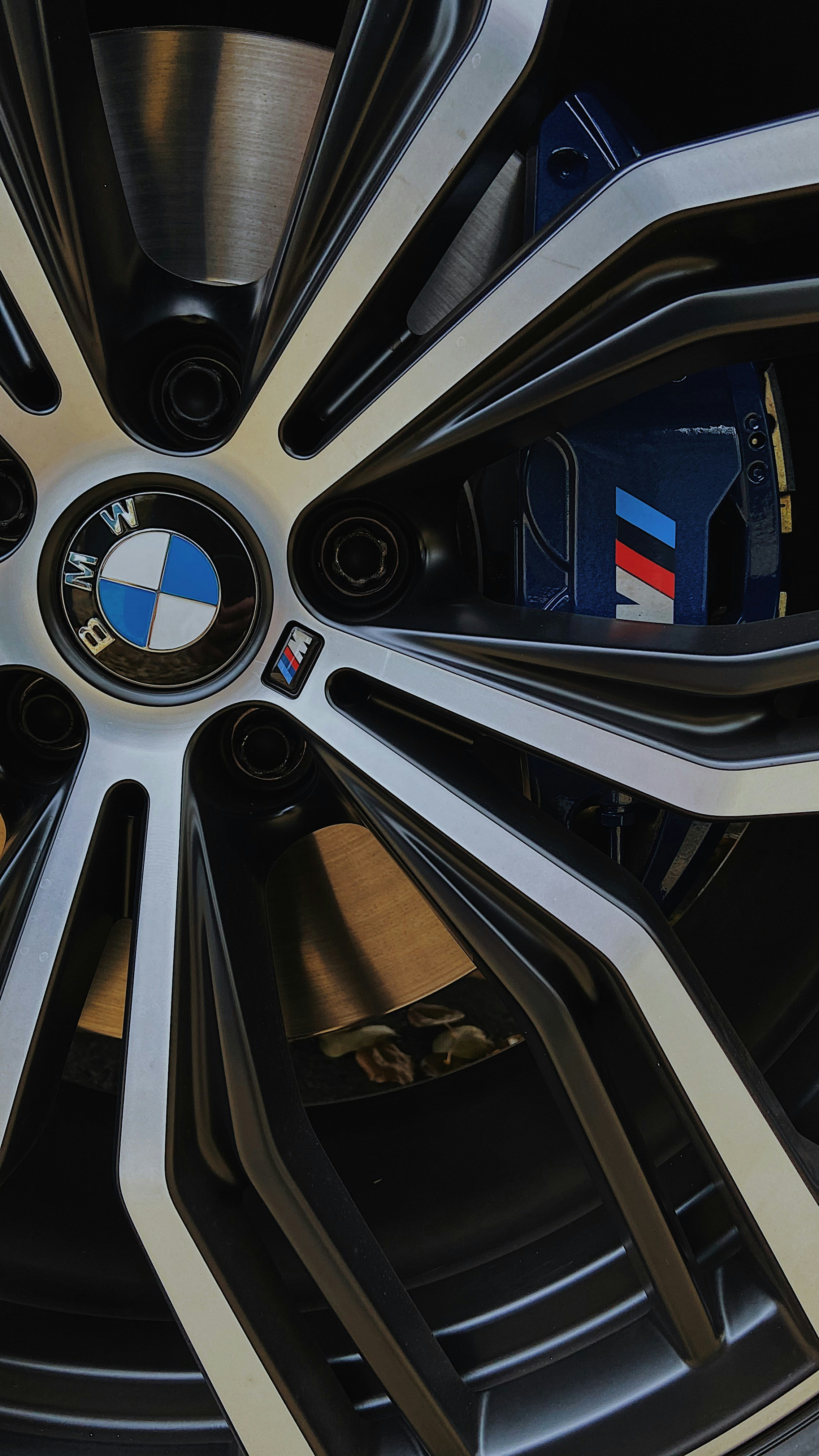 BMW M badge centered among sculpted alloy spokes
