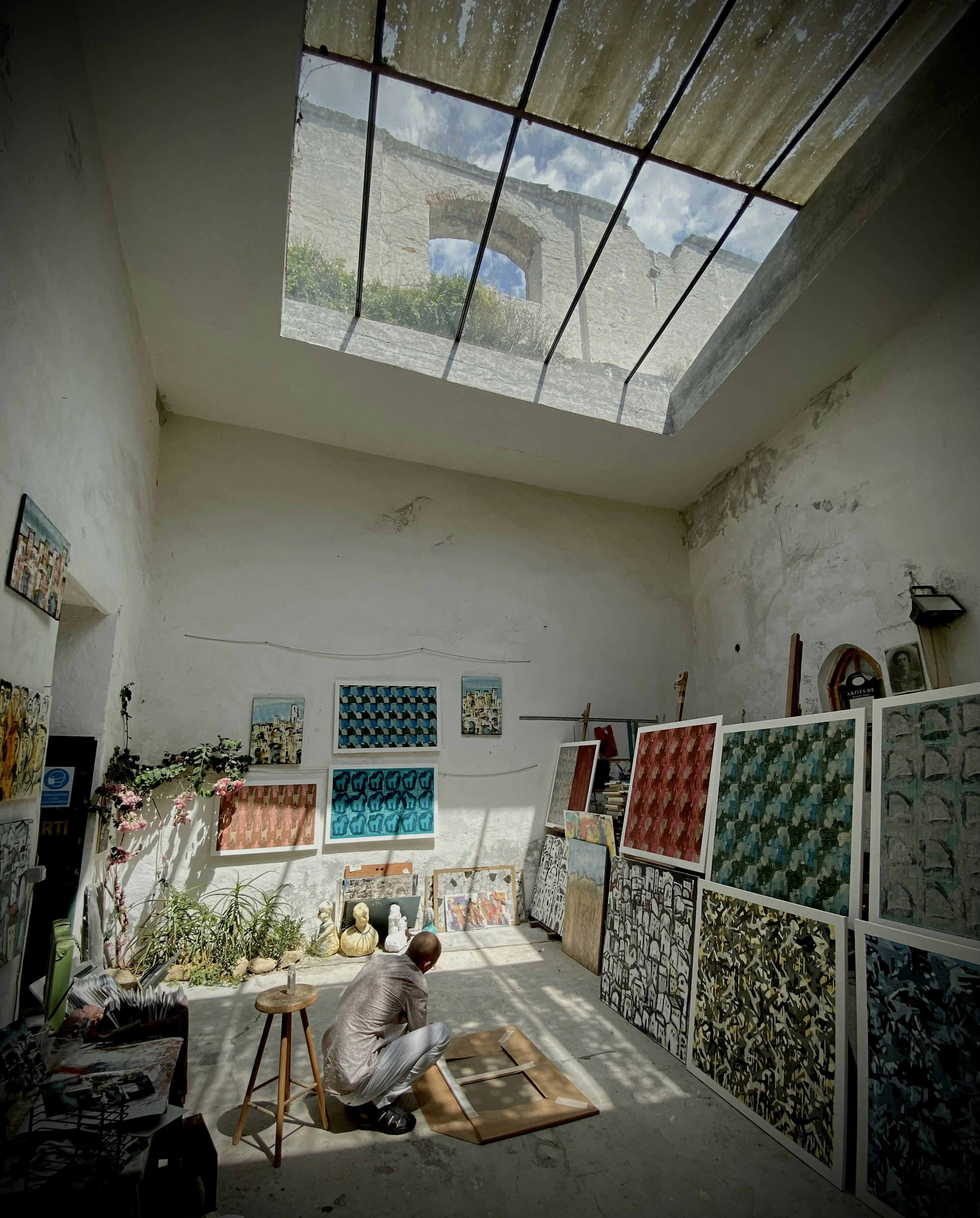 Sunlit Studio of Textile Panels: A Craftsman's Quiet Focus