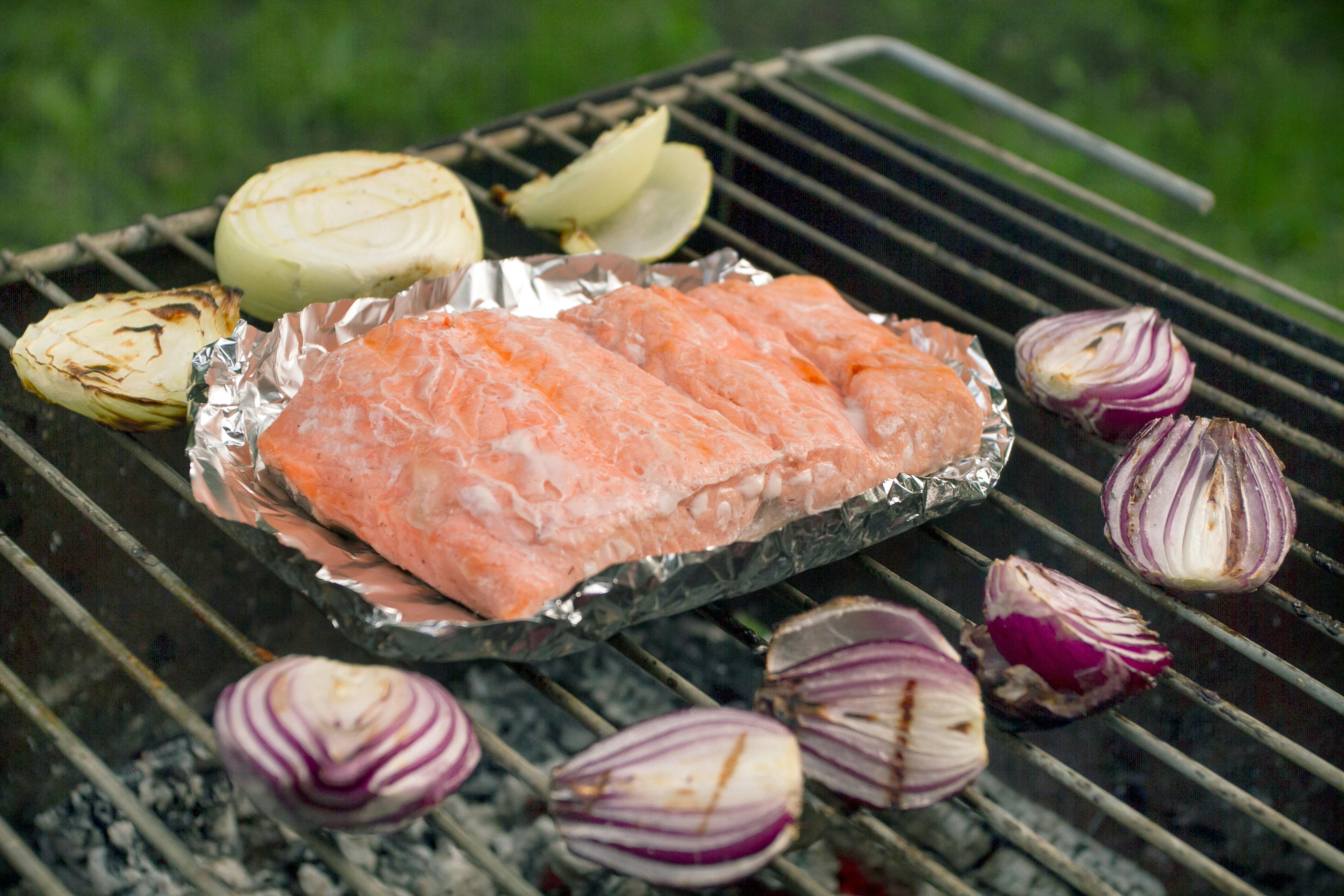 Fresh salmon fillets and vibrant vegetables arranged on a grill, showcasing the art of outdoor cooking.
