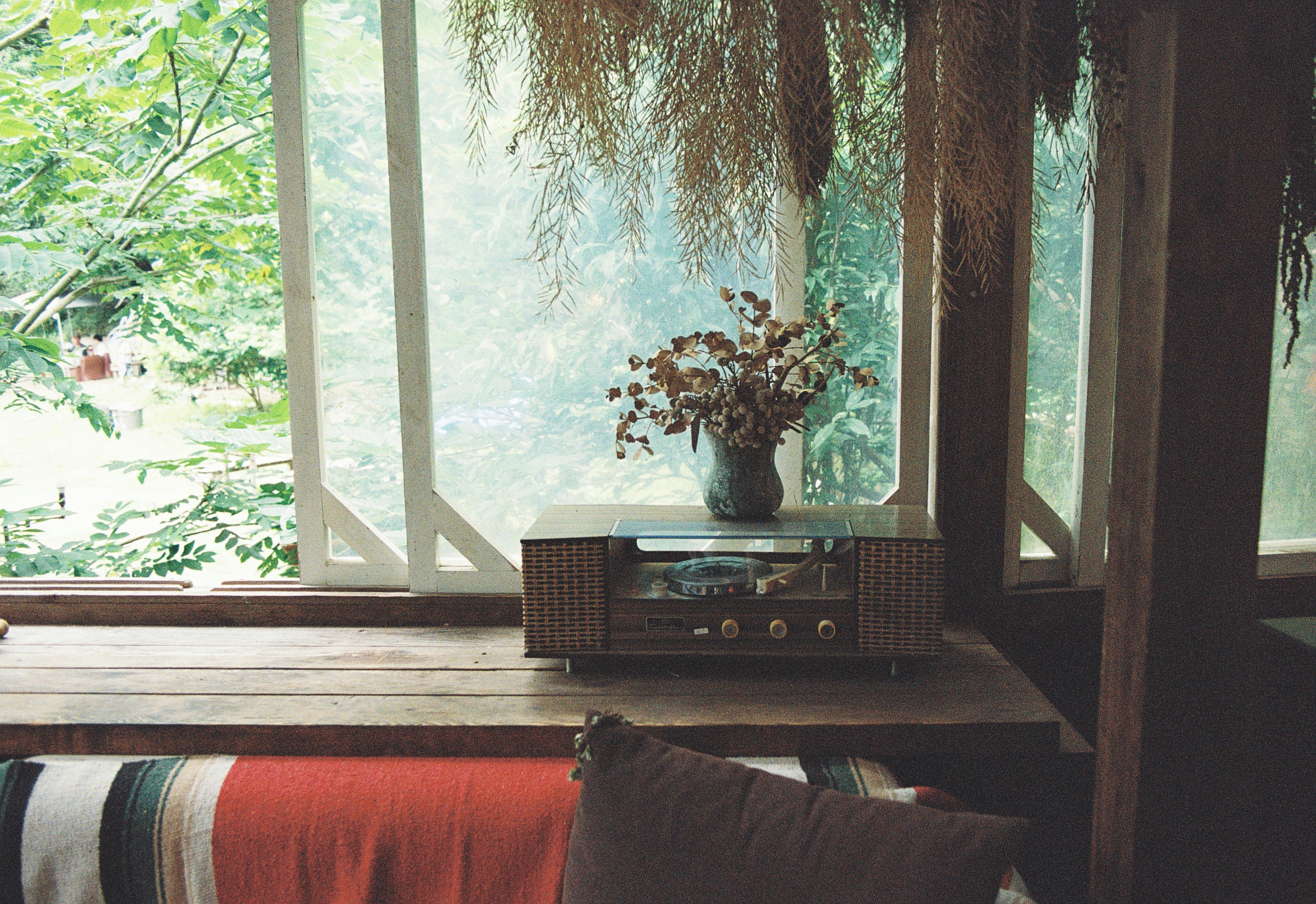 A vintage record player sits on a wooden shelf, adorned with a vase of dried flowers, surrounded by natural light filtering through large windows.