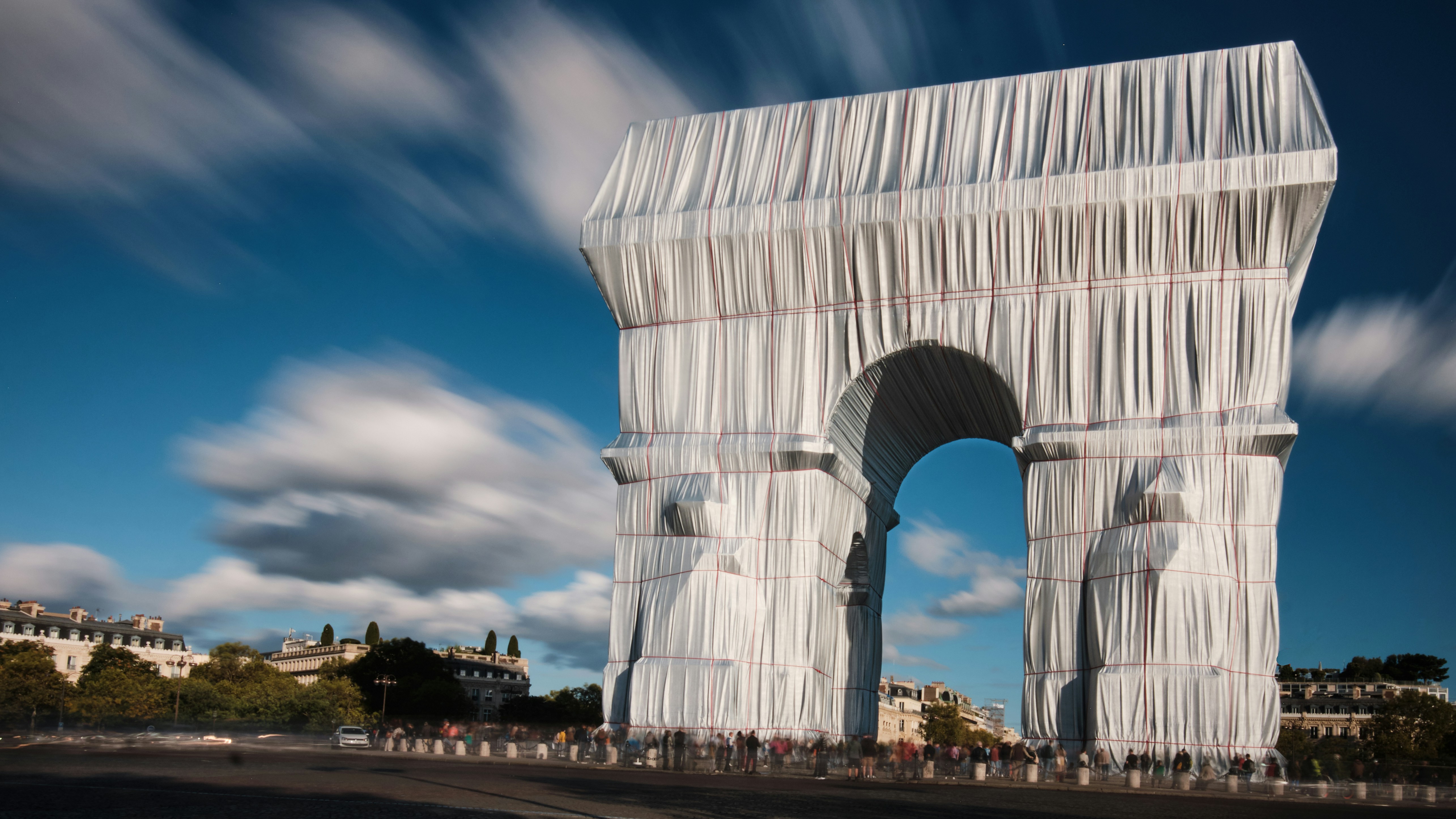 Wrapped Monument Under Blue Skies