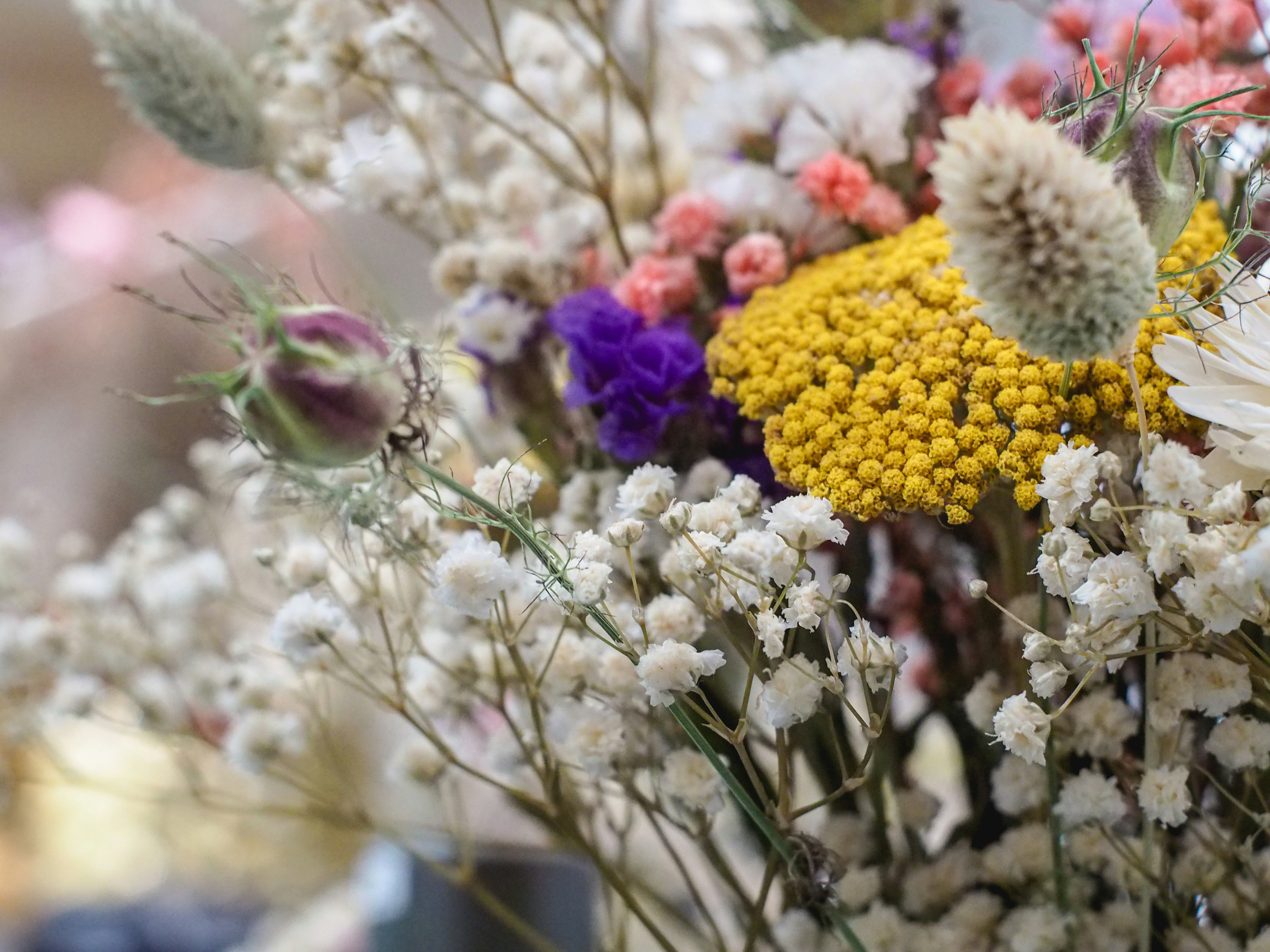 Vibrant bouquet with diverse flowers arranged in a vase.