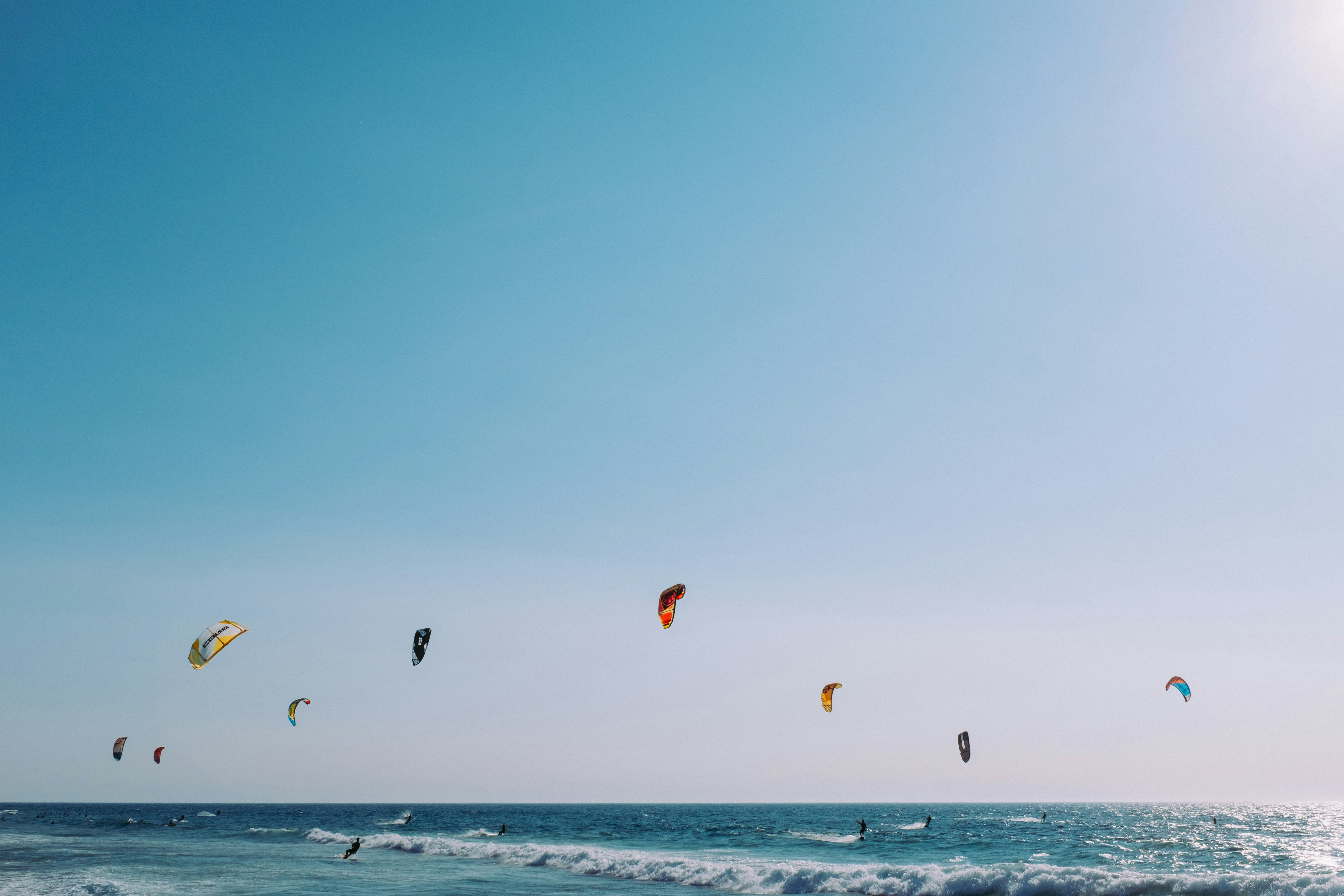 A group of kites flying over the ocean on a sunny day photo – Free ...