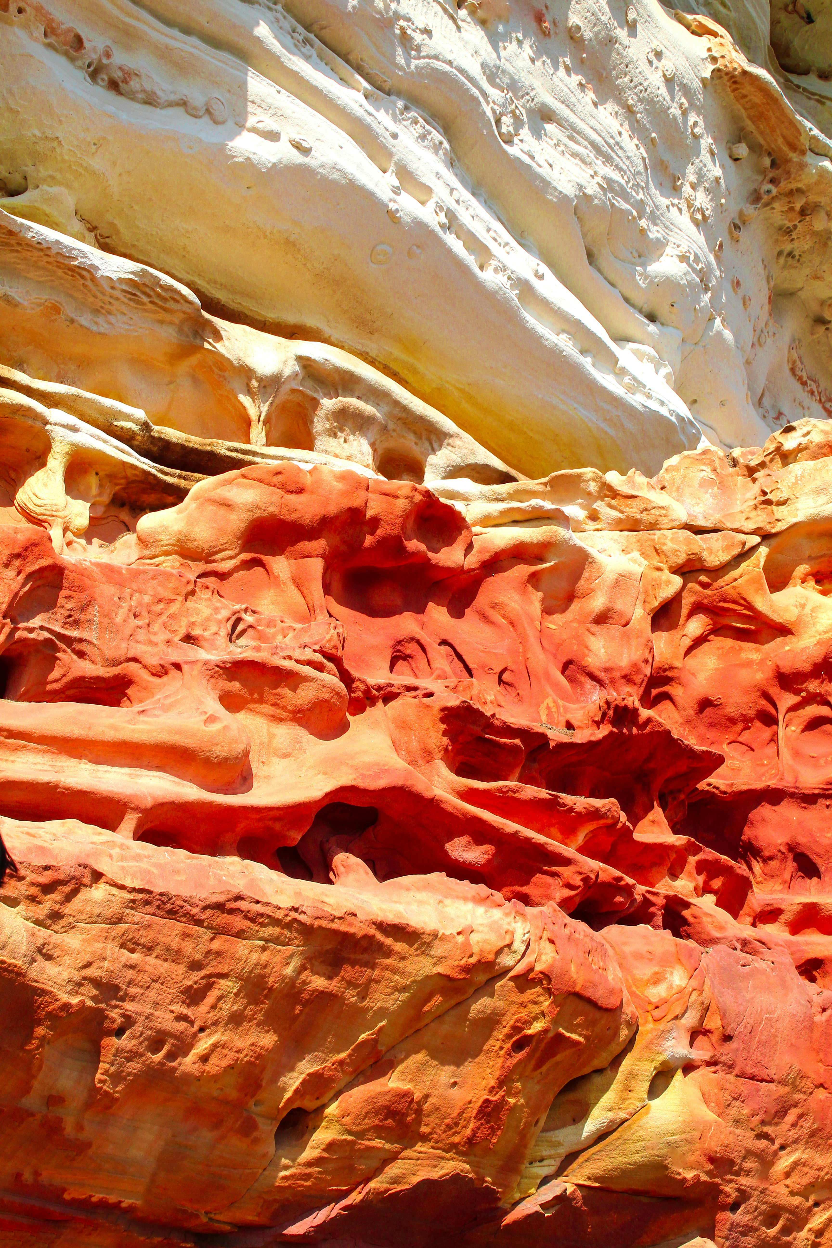 Vibrant layers of orange and white rock formations, showcasing natural erosion patterns and textures. The interplay of colors highlights the geological artistry of the landscape.