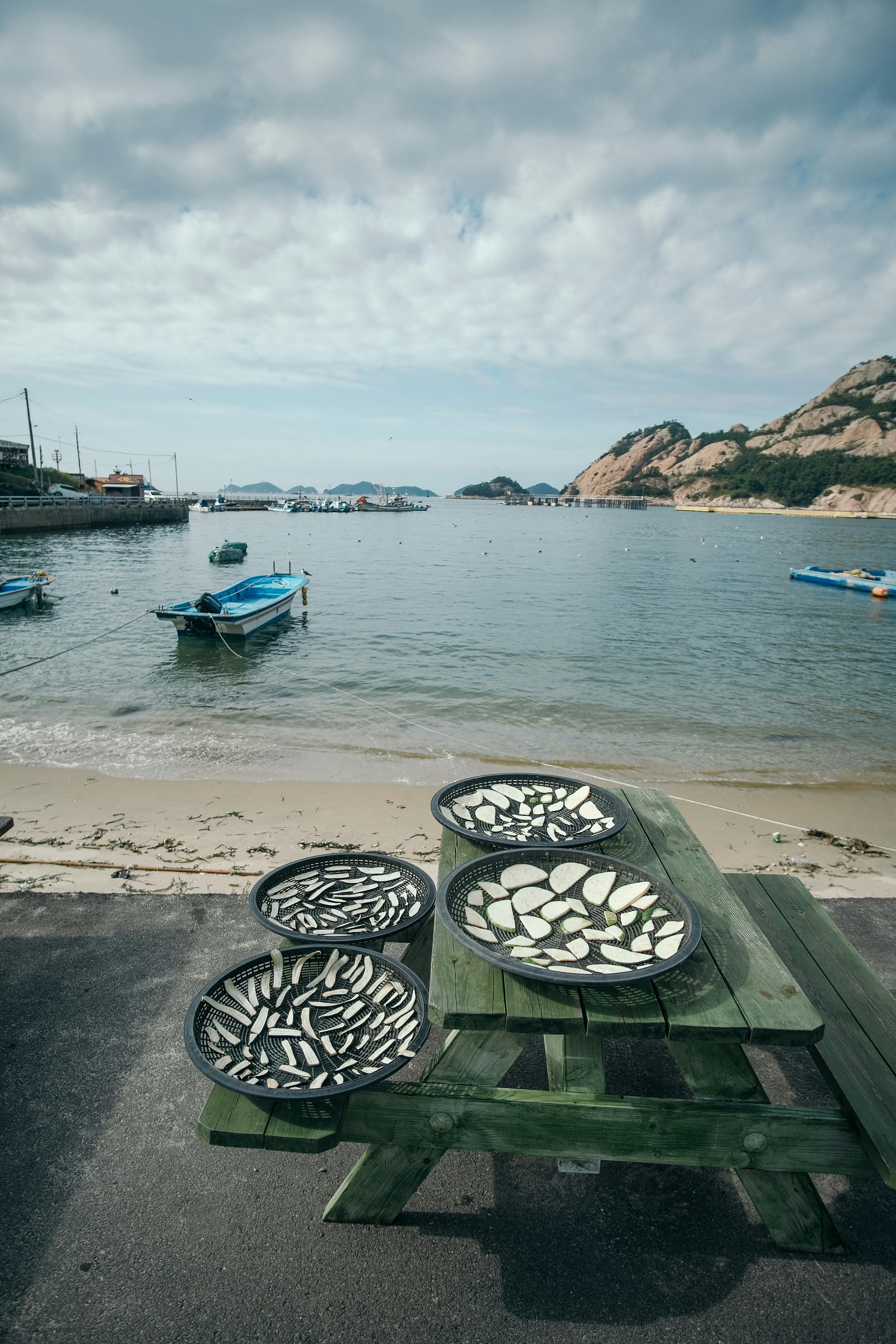 Harbor Ritual: Silver Fish Trays Drying on a Green Picnic Table