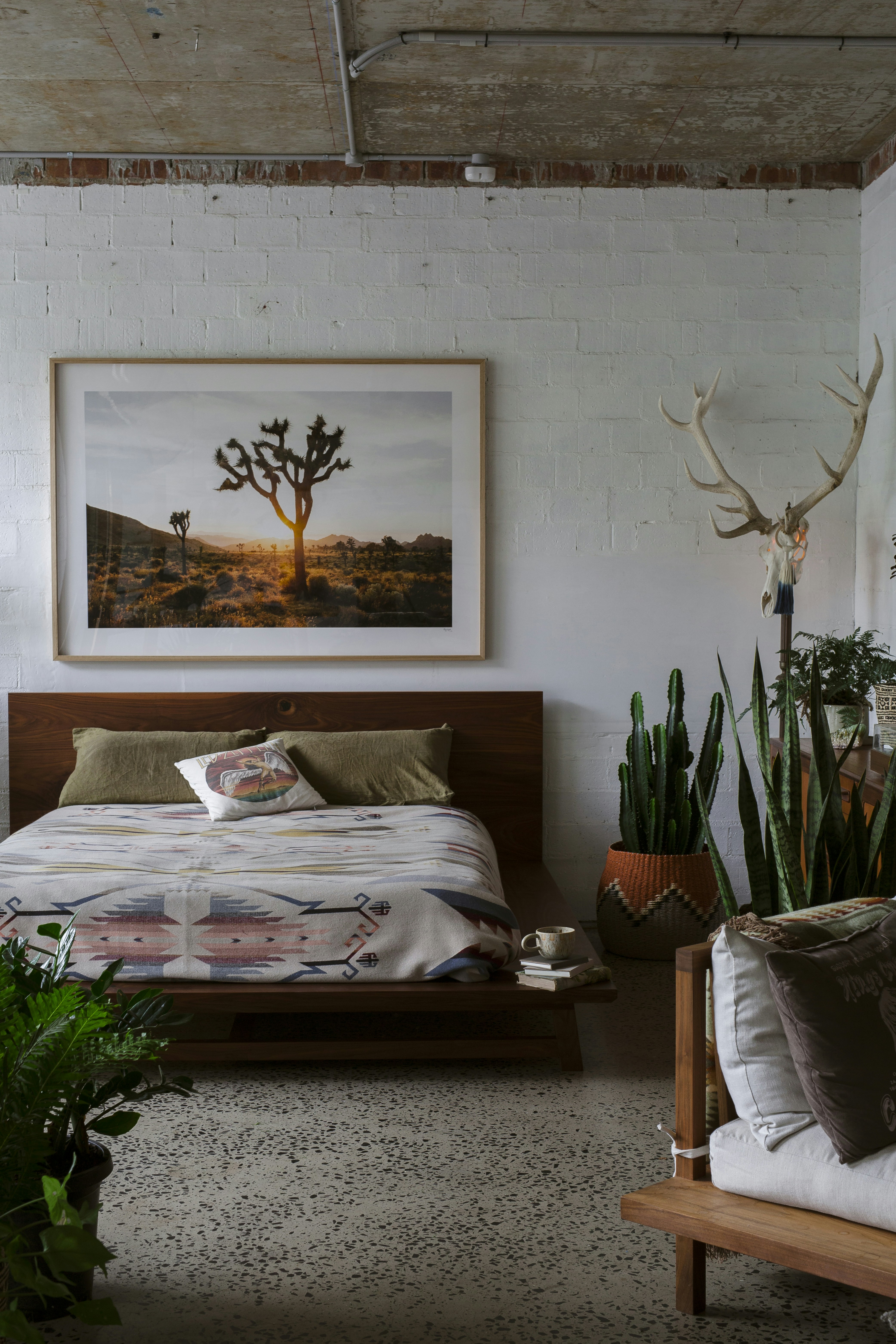 Stylish bedroom featuring a large desert landscape artwork, cozy bedding, and various indoor plants. The room combines modern design with natural elements.
