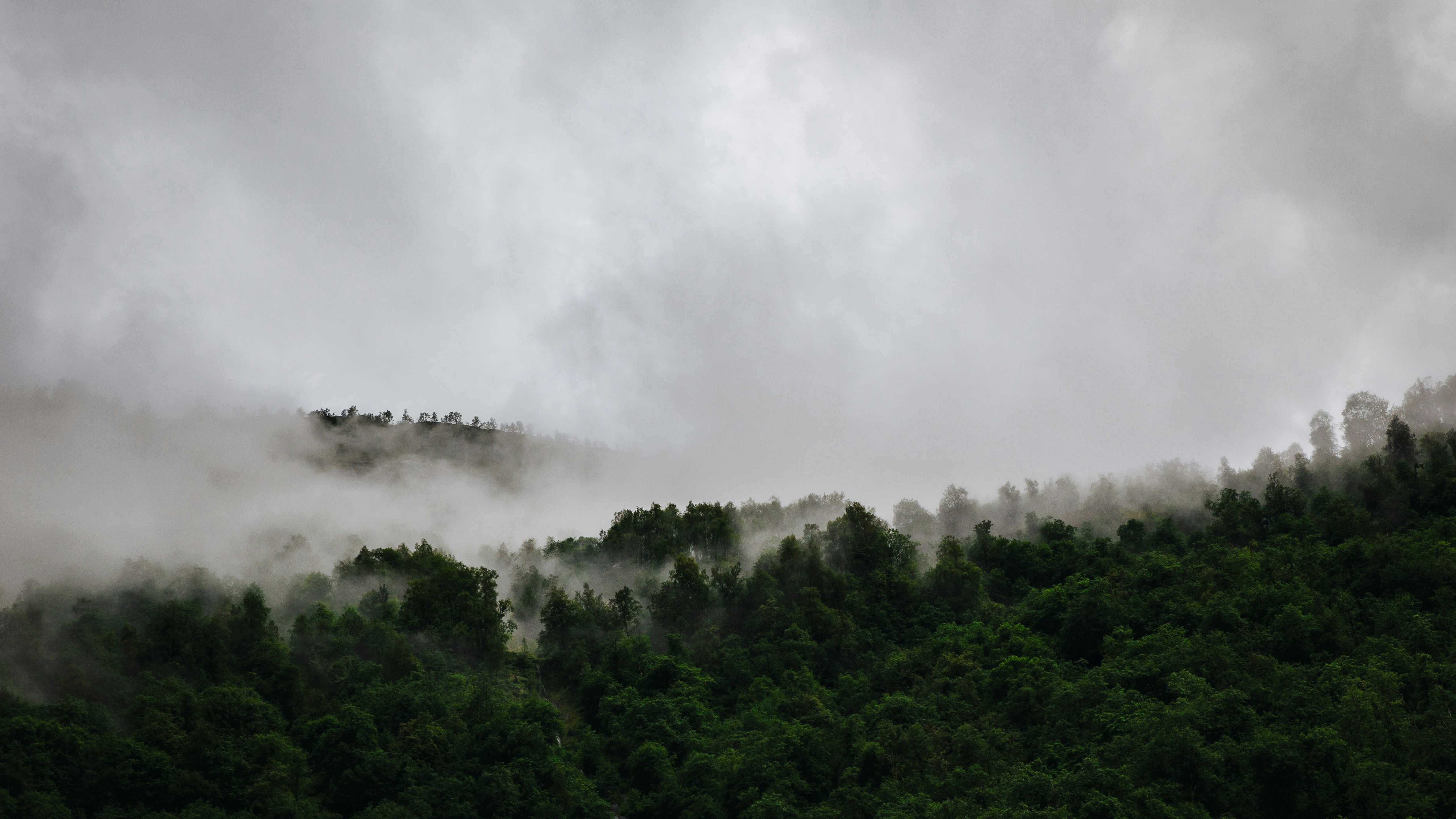 Lush green hills shrouded in swirling mist under a cloudy sky, evoking a sense of mystery and tranquility.